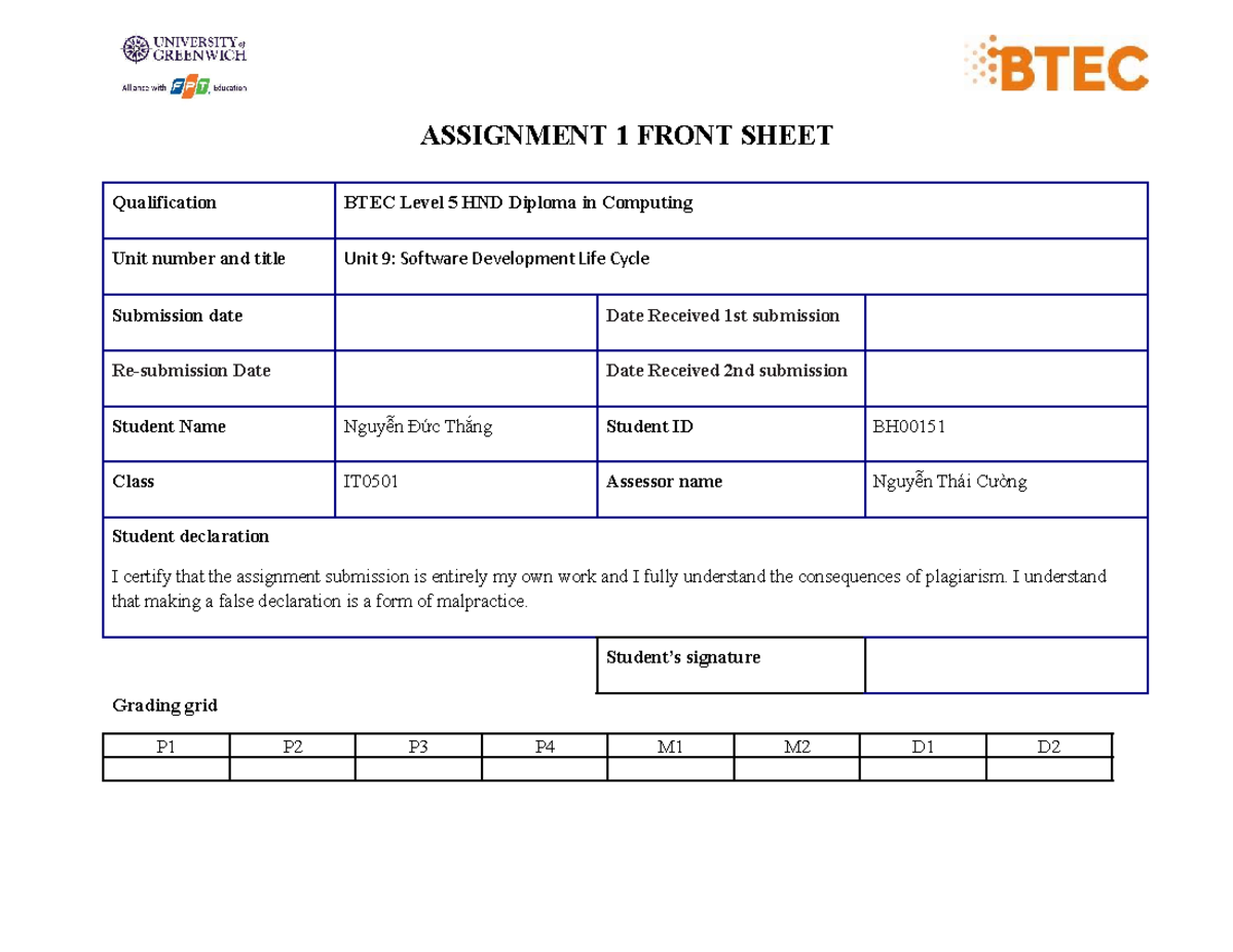 SDLC - Assignment 1 Frontsheet - ASSIGNMENT 1 FRONT SHEET Qualification BTEC Level 5 HND Diploma ...