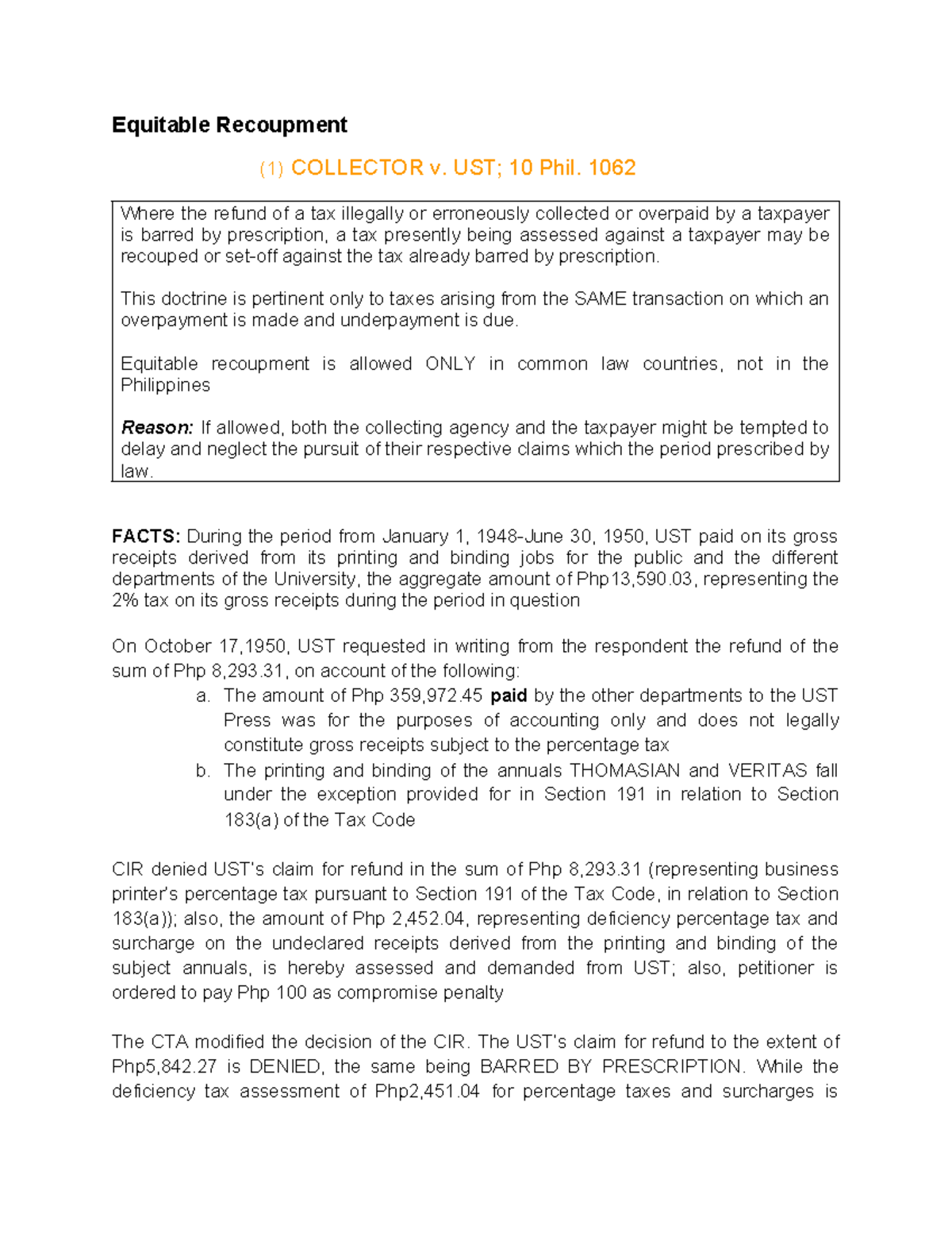 Equitable Recoupment & Tax Assumption: Case Analysis (495912765) - Studocu