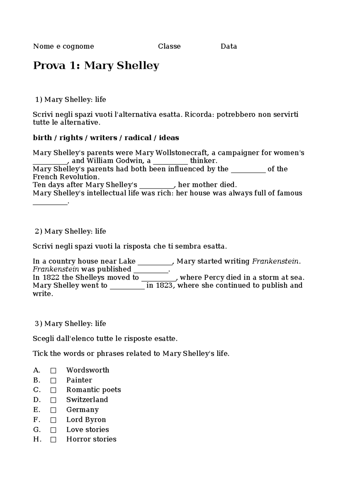 Mary Shelley: Life and Works - Prova 1 Analysis - Studocu