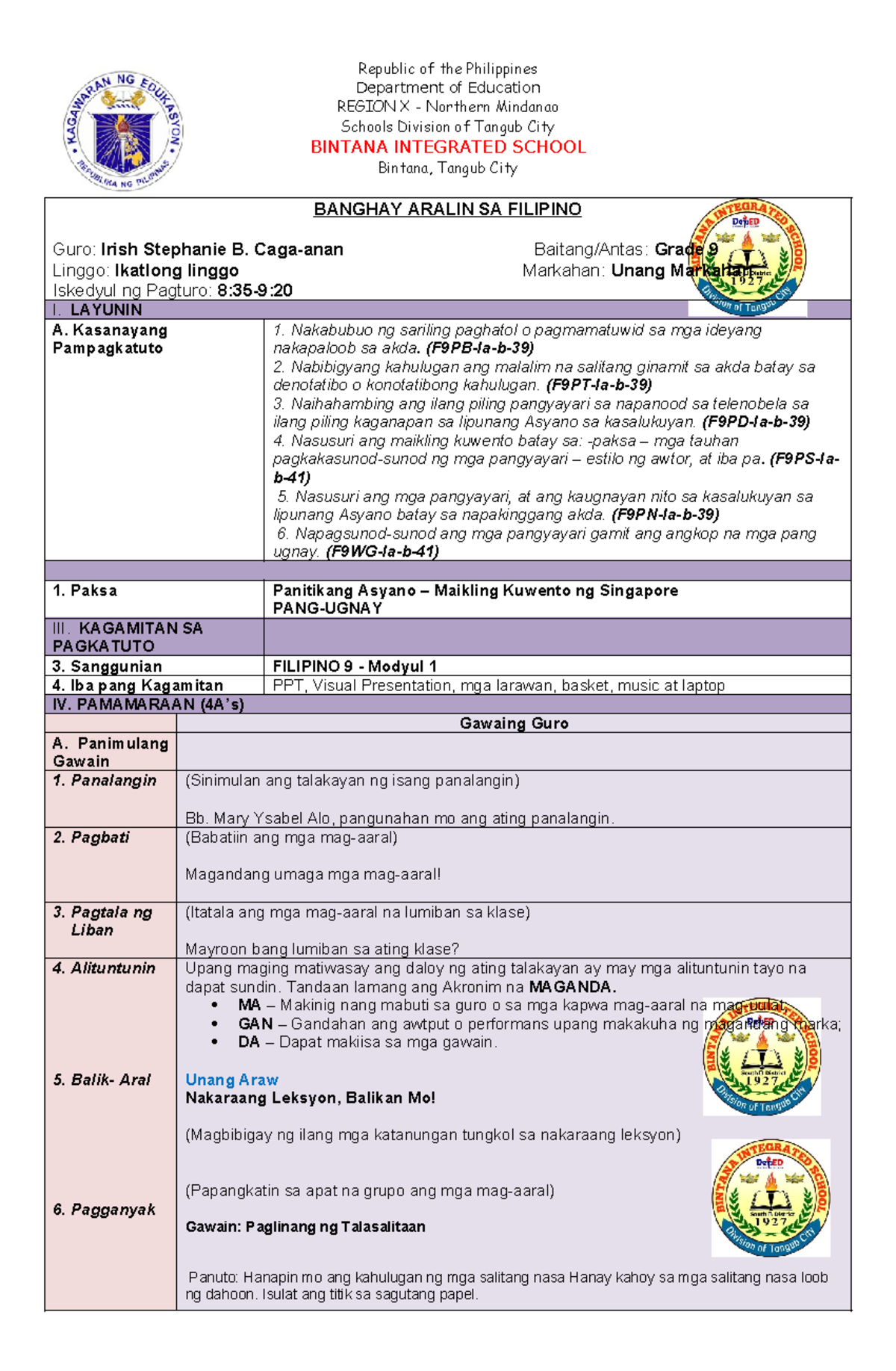 Module 1 - Lesson Plan for Grade 9 Filipino (Filipino 9) - Studocu