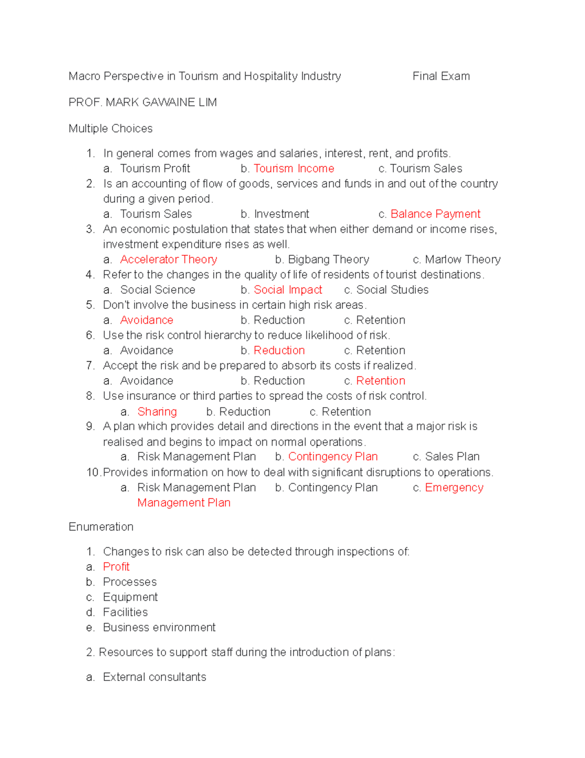 Macro Perspective in Tourism and Hospitality Industry Final Exam Answer ...