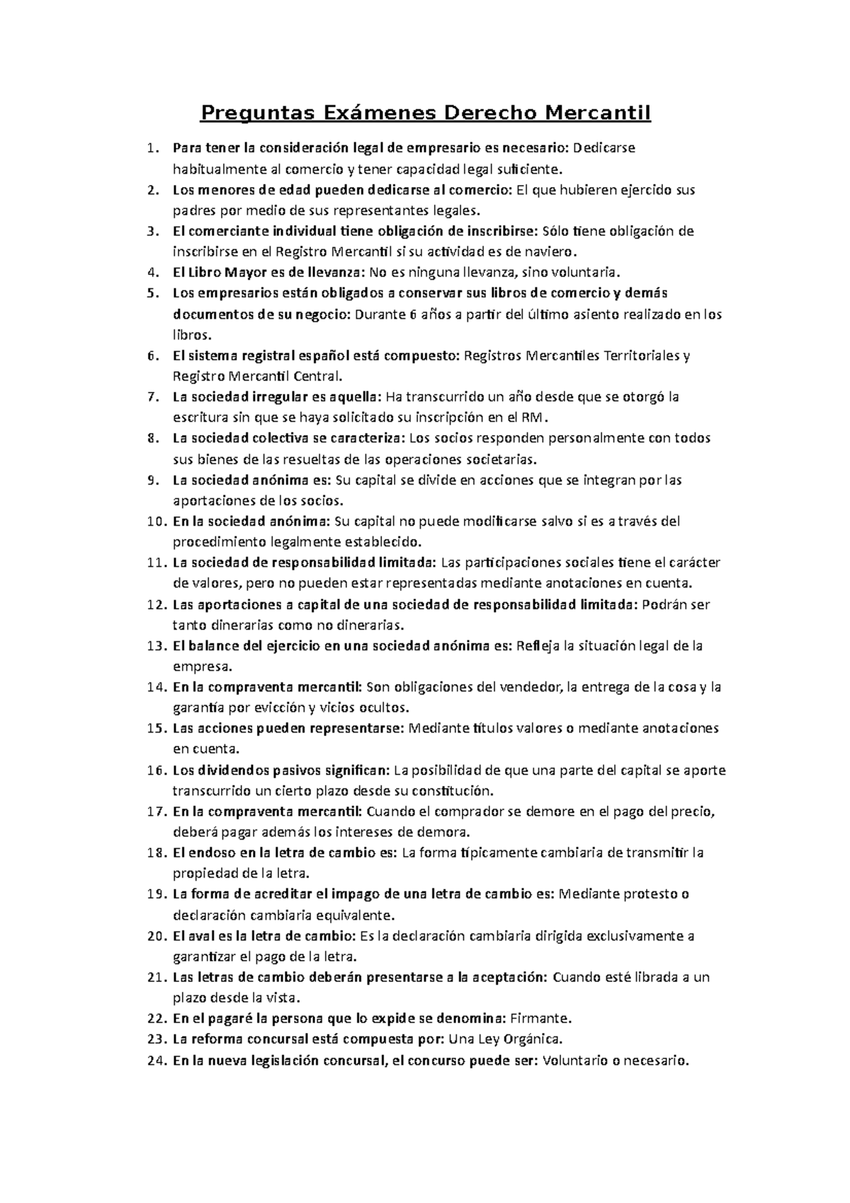 Examen Final de Derecho Mercantil: Preguntas Clave y Respuestas - Studocu