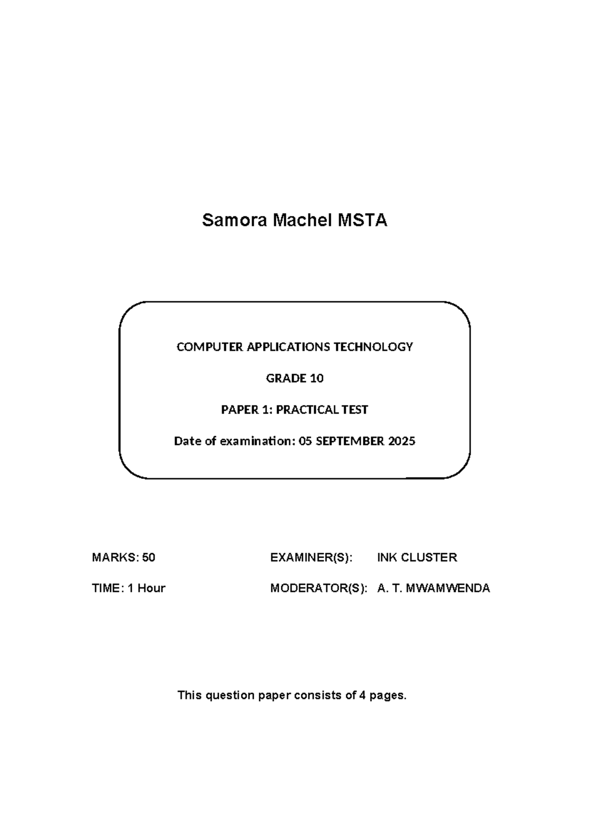 CAT GRADE 10 PAPER 1 PRACTICAL TEST - SEPT 2025 - Studocu