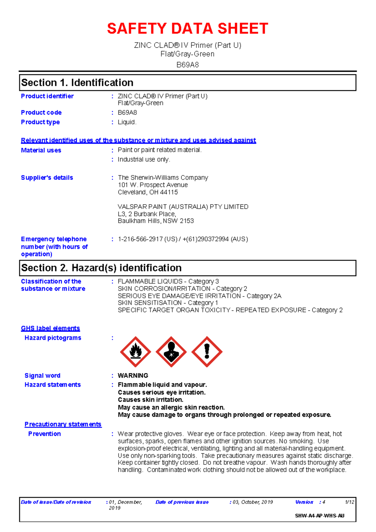 ZINC IV Primer (Part U) Safety Data Sheet (SDS) - B69A8 - Studocu