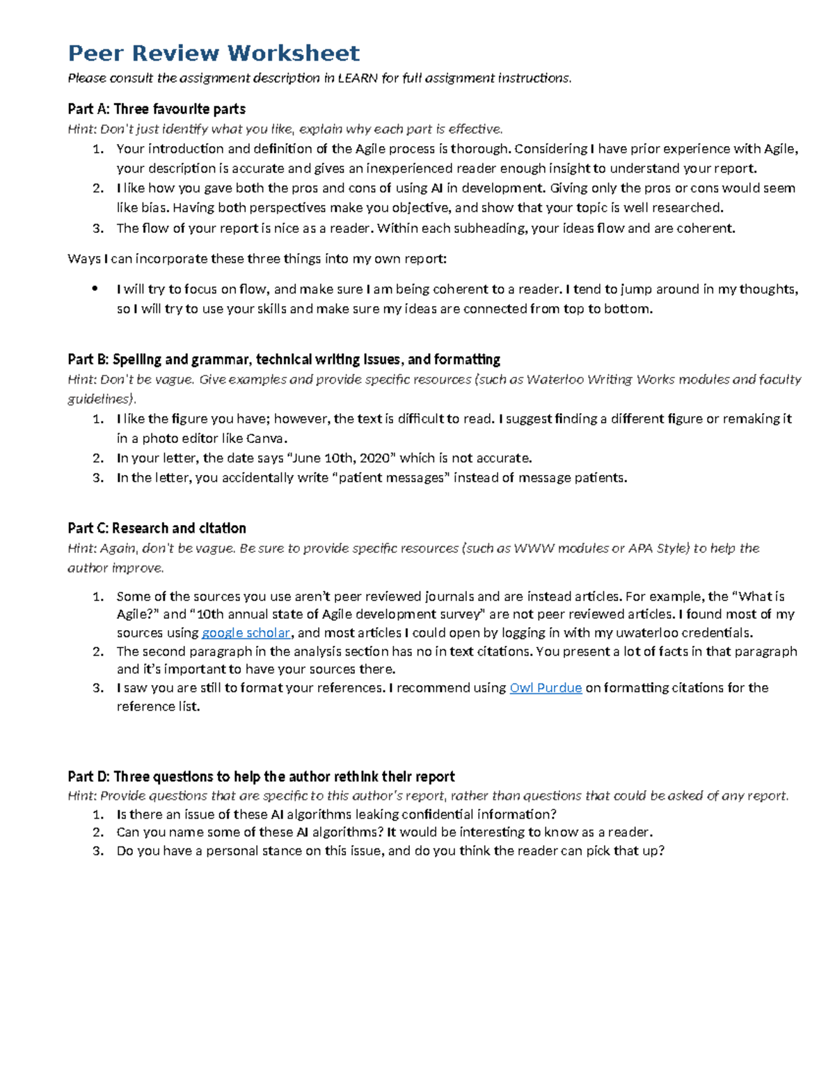 Peer Review Worksheet for Agile Development Report (ENG 101) - Studocu