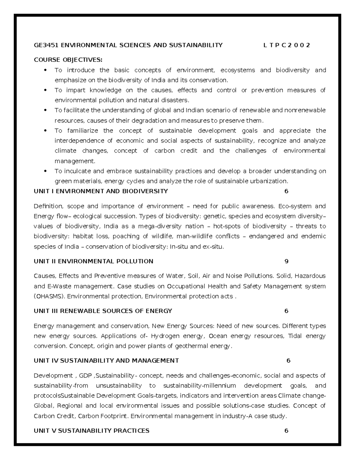GE3451 Environmental Sciences & Sustainability Syllabus Overview - Studocu