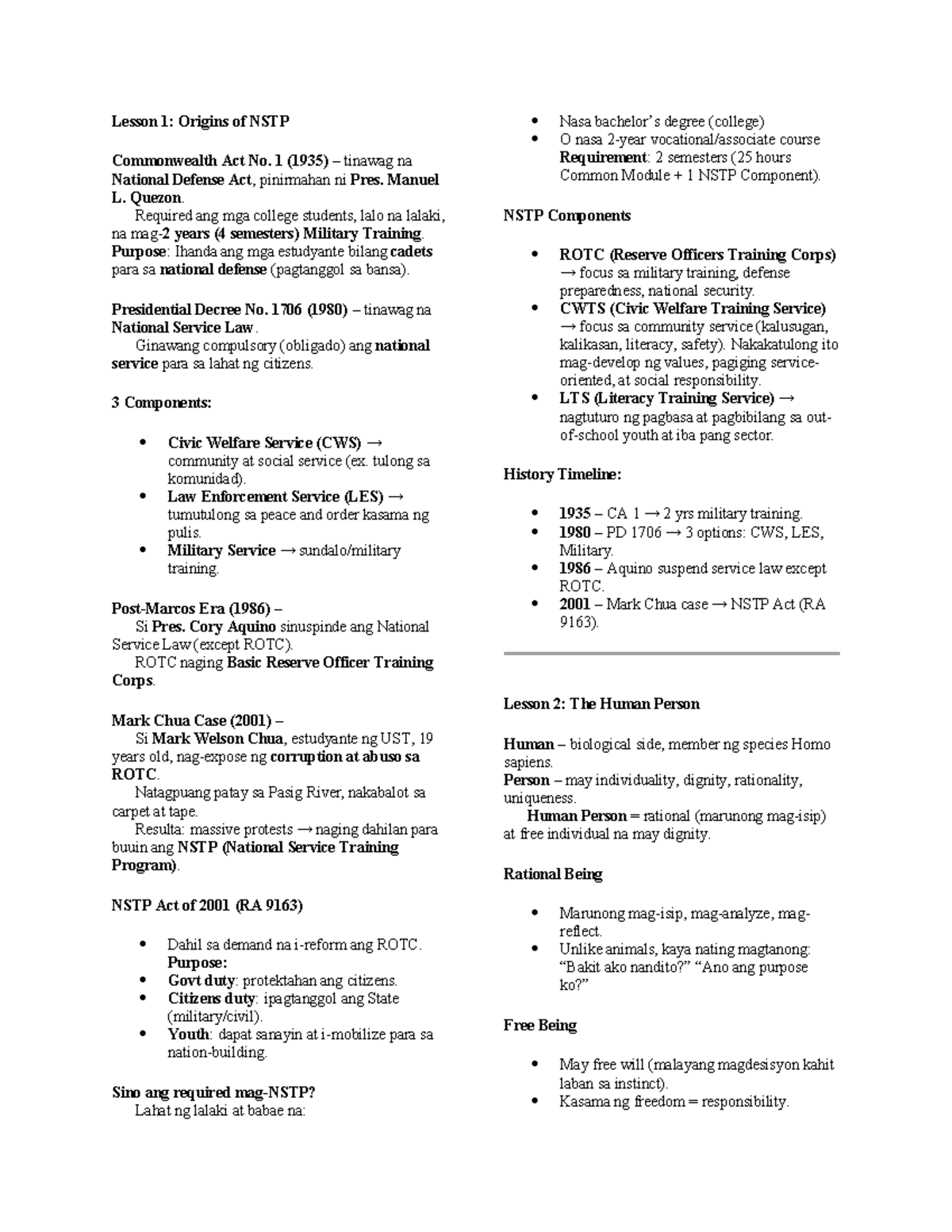 NSTP 1: Lesson 1 - Origins and Components of NSTP - Studocu