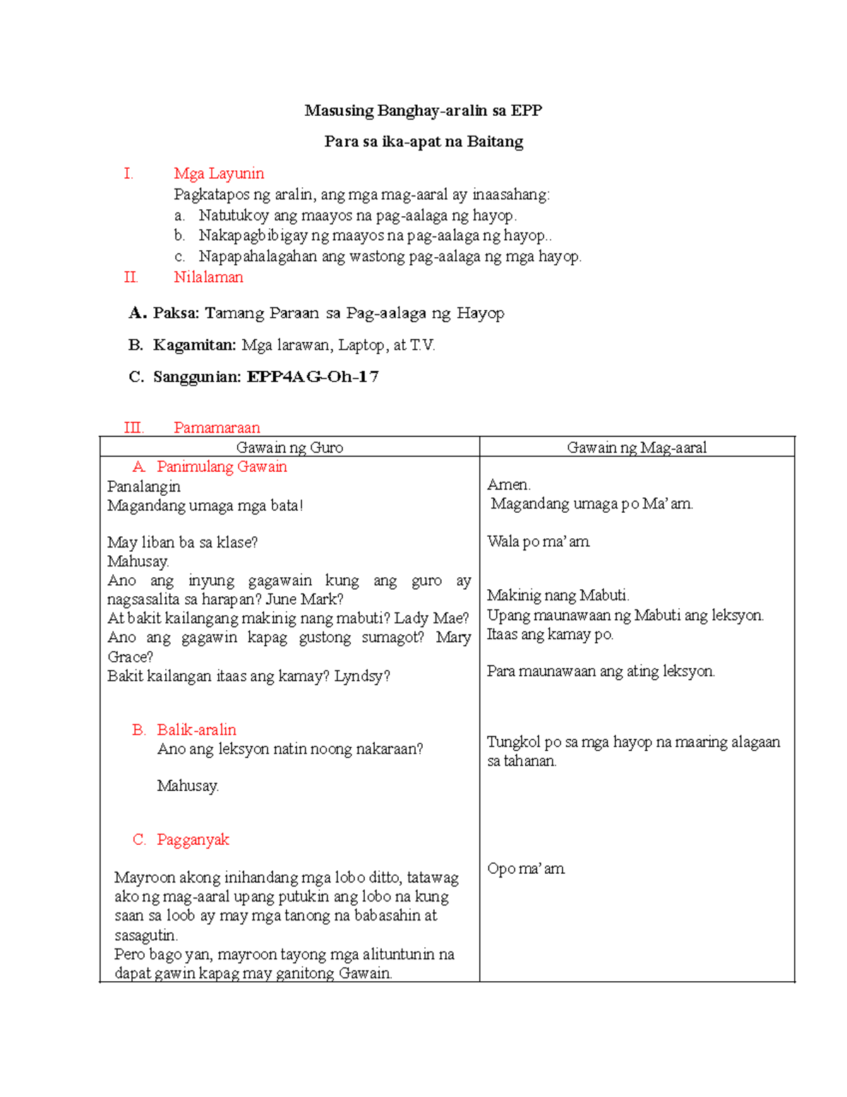 Detailed Lesson Plan for Grade 4 EPP: Proper Animal Care - Studocu