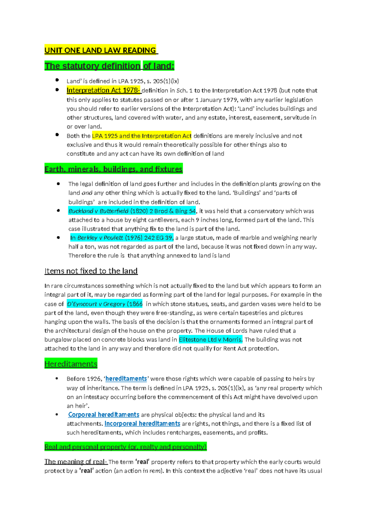 LAND LAW UNIT ONE READING: Definitions & Key Concepts - Studocu