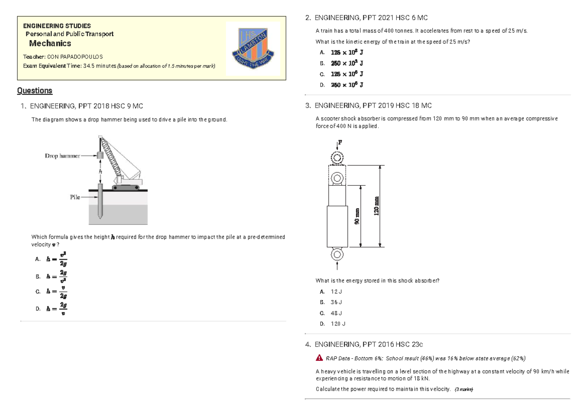 WORK Energy Power HSC Questions 2021 - MC & Exam Prep - Studocu
