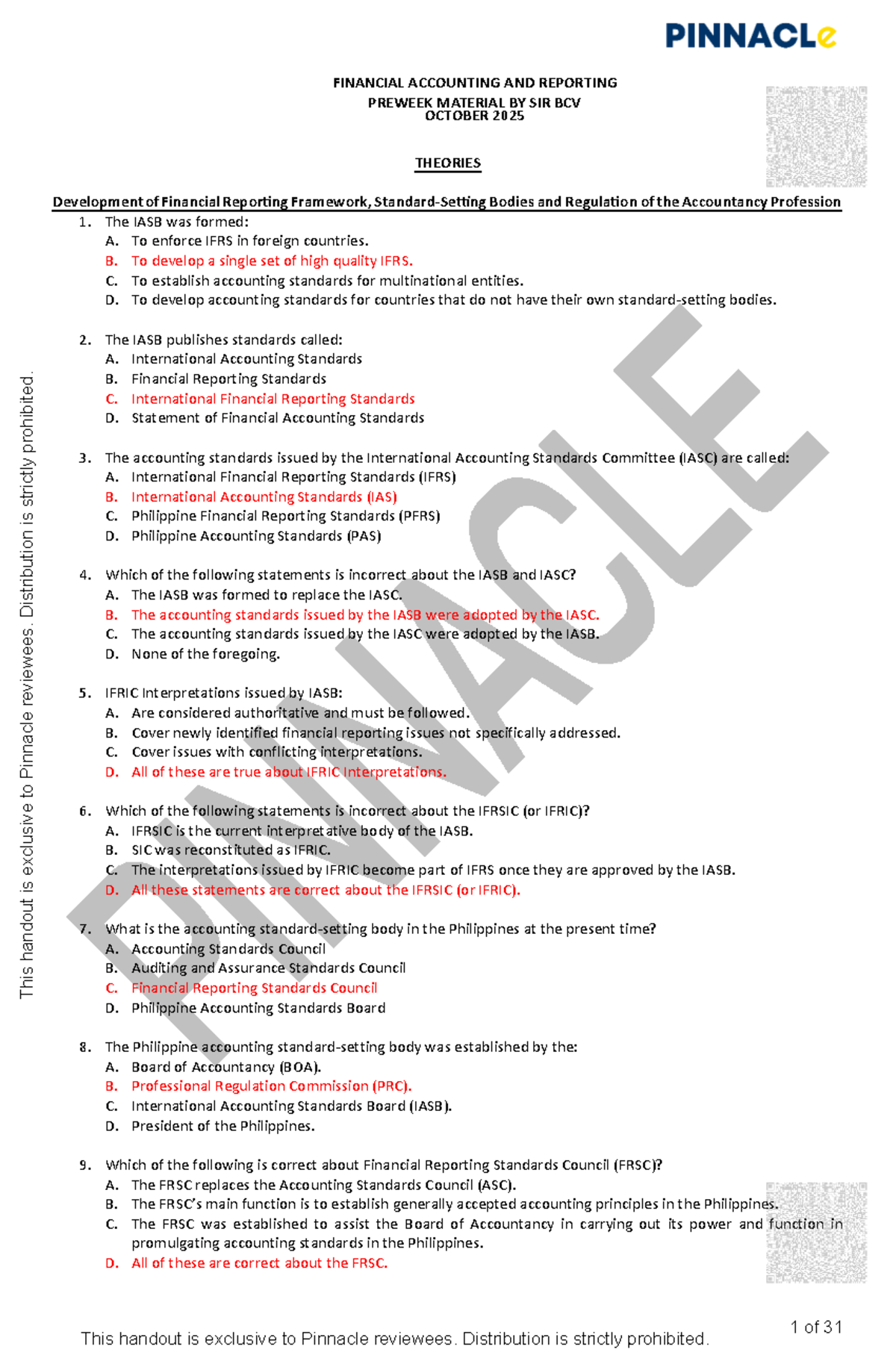 Pinnacle FAR Theories Self-Practice Questions Answer Key - Oct 2025 ...