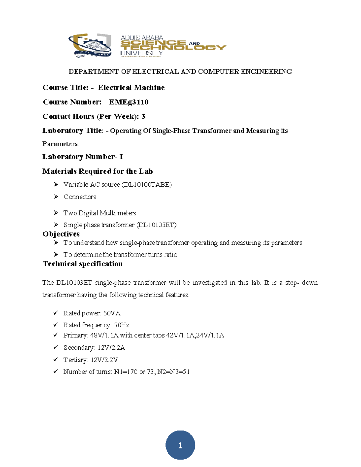Lab 1: Operating Transformer & Measuring Parameters - EMEg3110 - Studocu