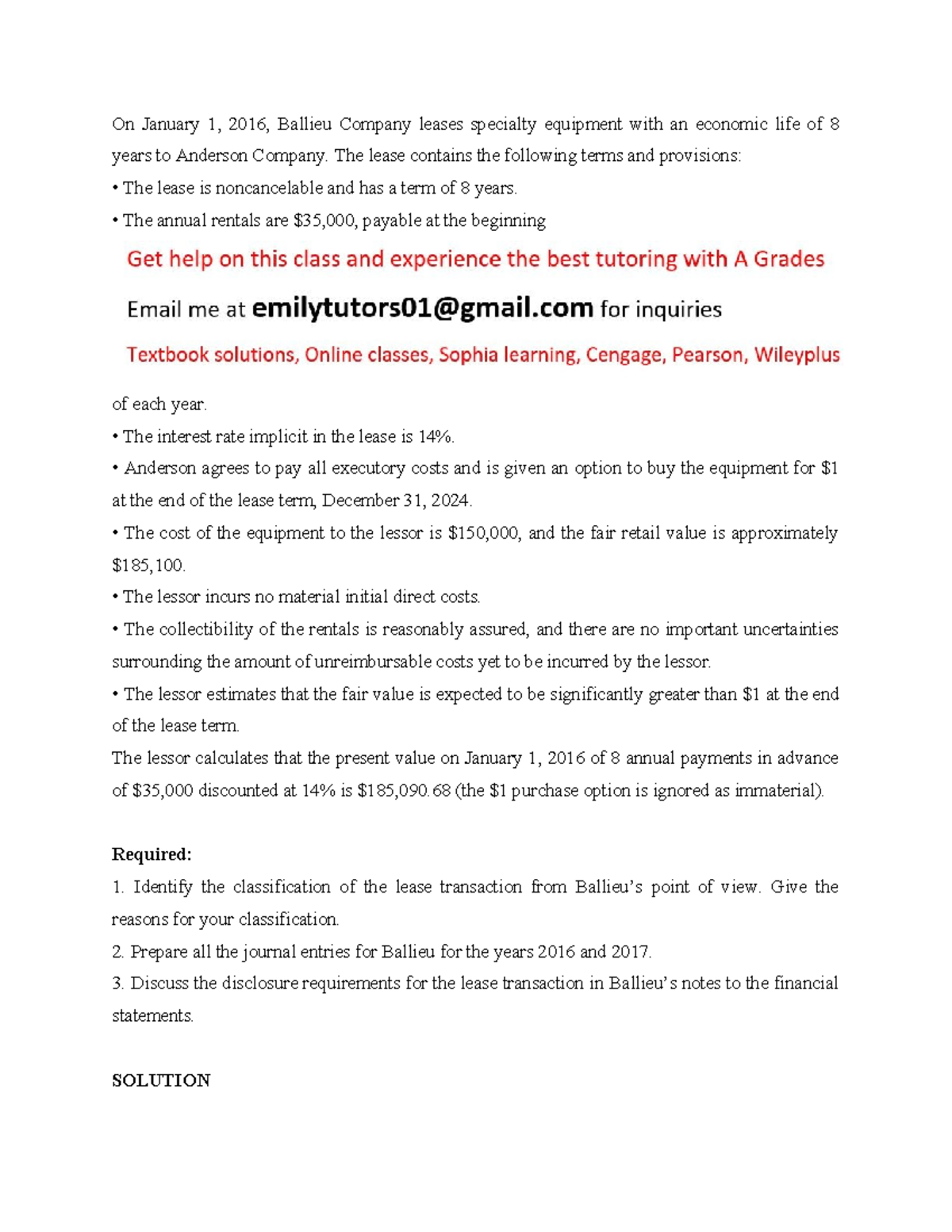 Lease Classification and Journal Entries for Ballieu Co. (ACCT 301 ...