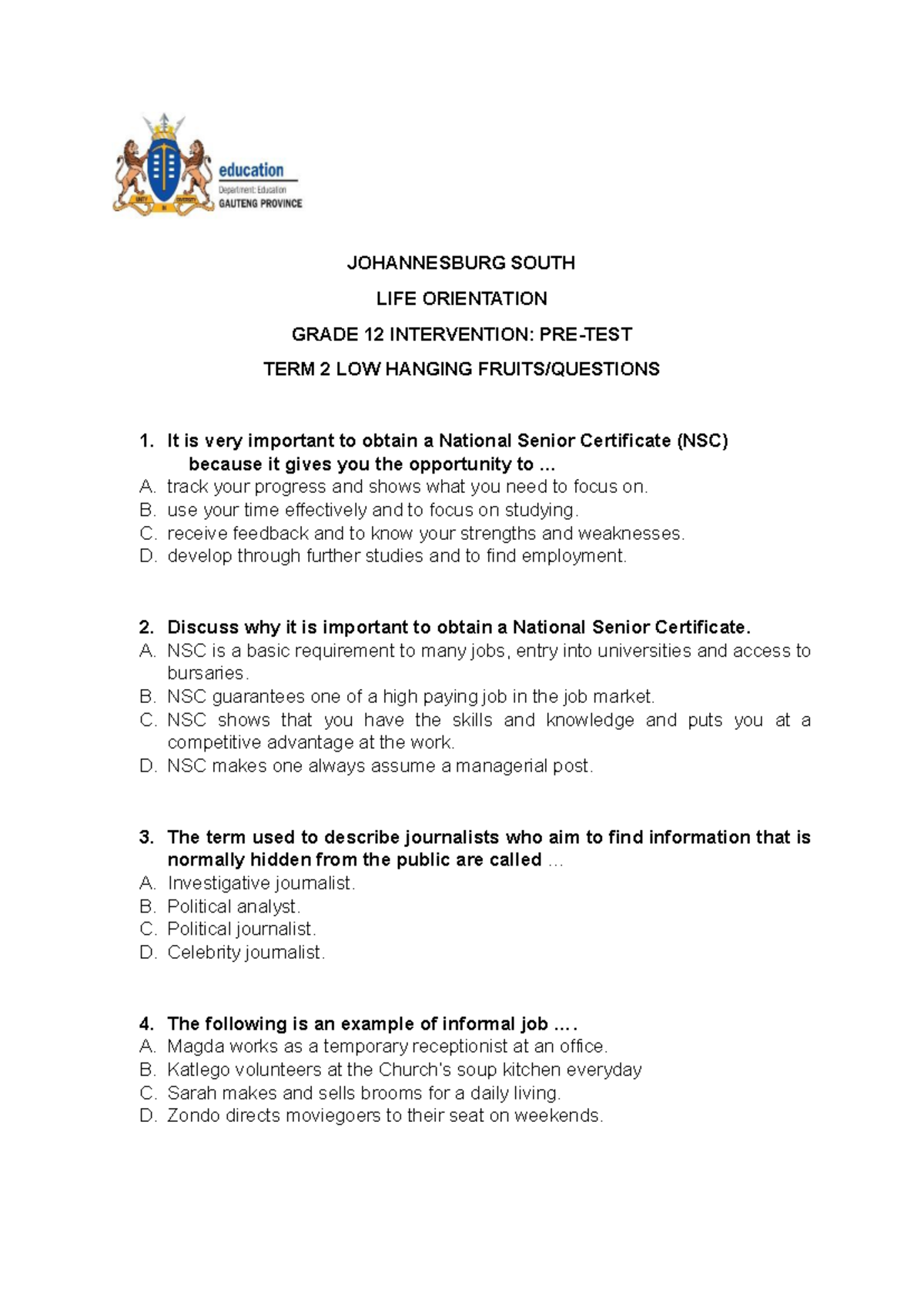 Grade 12 Life Orientation Intervention: Term 2 Insights 2025 - Studocu
