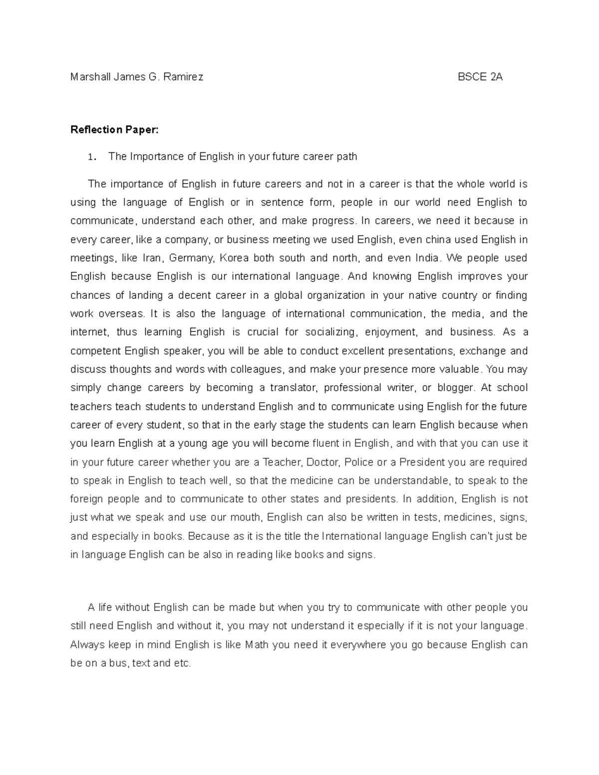 Reflection - none - Marshall James G. Ramirez BSCE 2A Reflection Paper ...