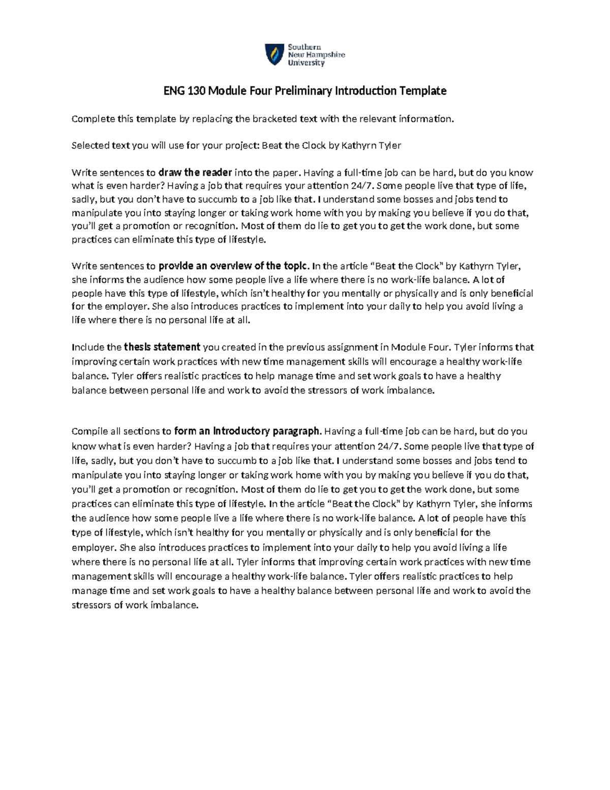 ENG 130 Module Four Introductory Paragraph Template on Work-Life ...