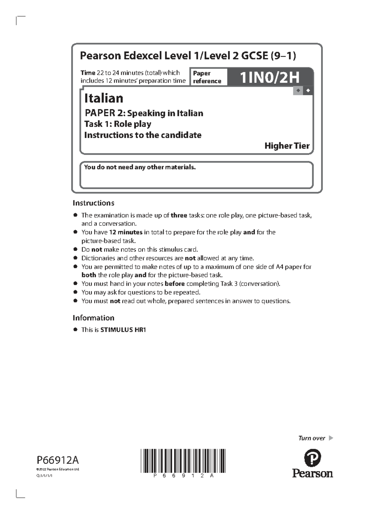 GCSE Italian 1IN0 2H Role Play Cards: Speaking Exam Preparation 2022 ...
