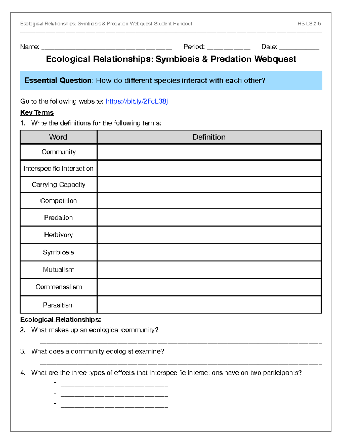 Ecological Relationships: Symbiosis & Predation Webquest HS LS - Studocu