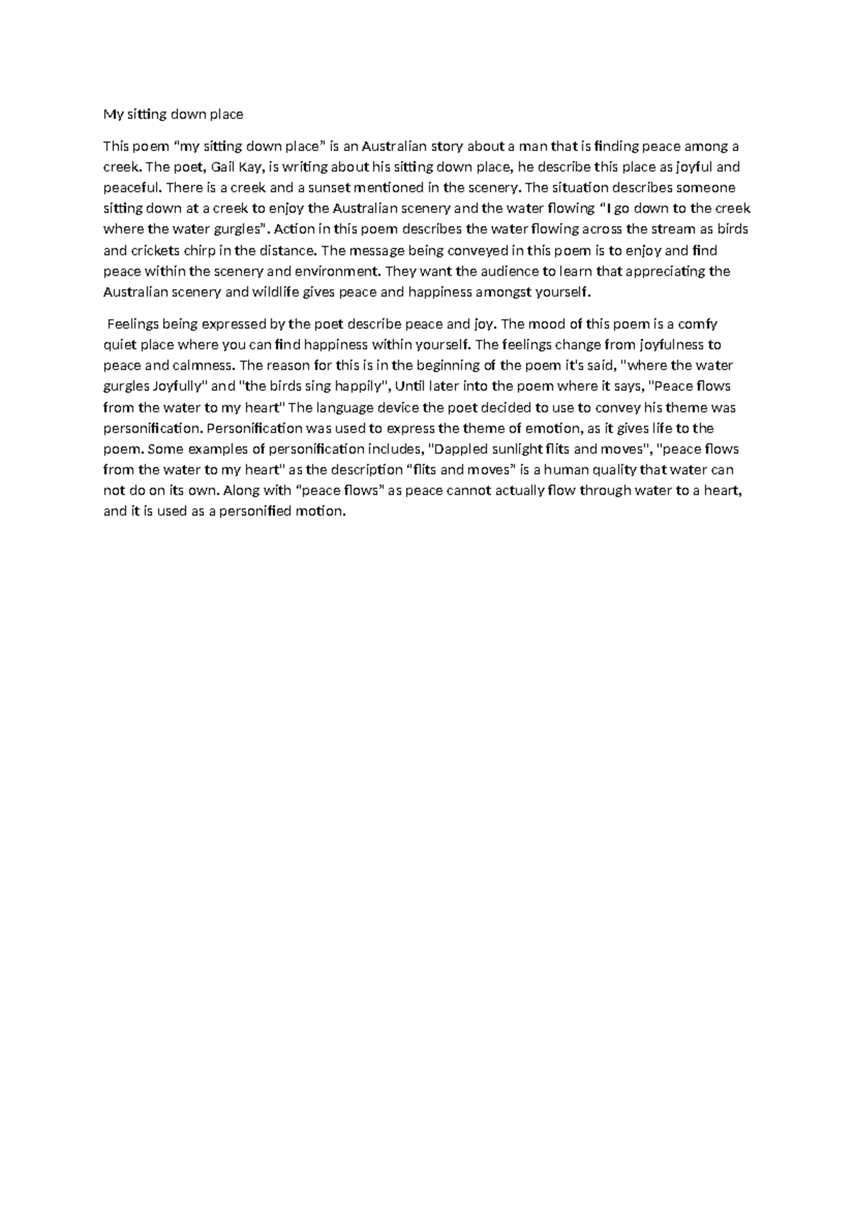 ENG101 - Essay Notes on "My Sitting Down Place" by Gail Kay - Studocu