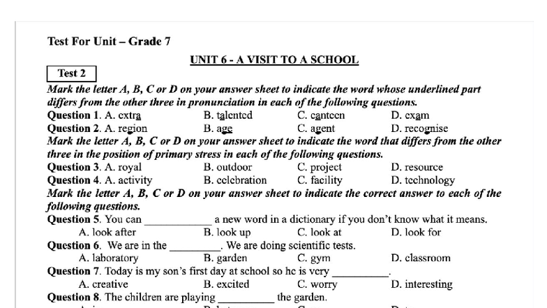 Grade 7 Unit 6 Test 2: A Visit to a School - Studocu