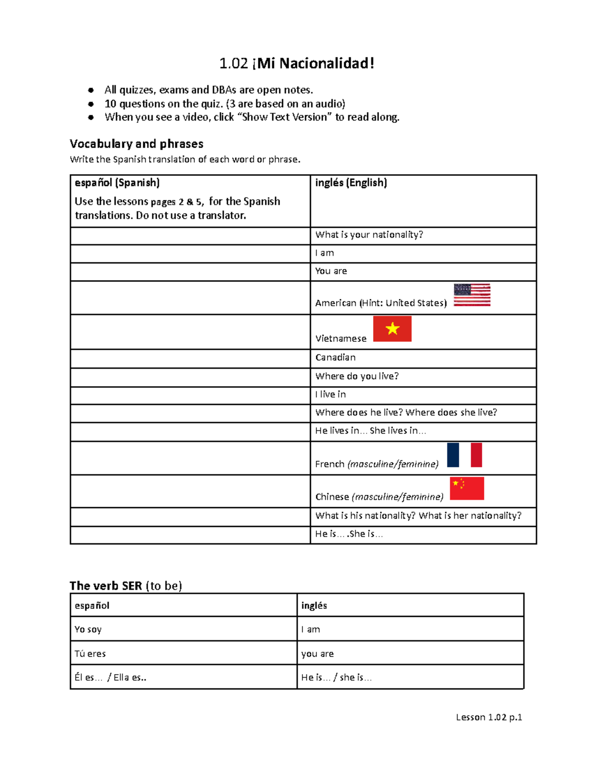 1.02 Spanish Lesson Notes: Nationality & Cognates Overview - Studocu