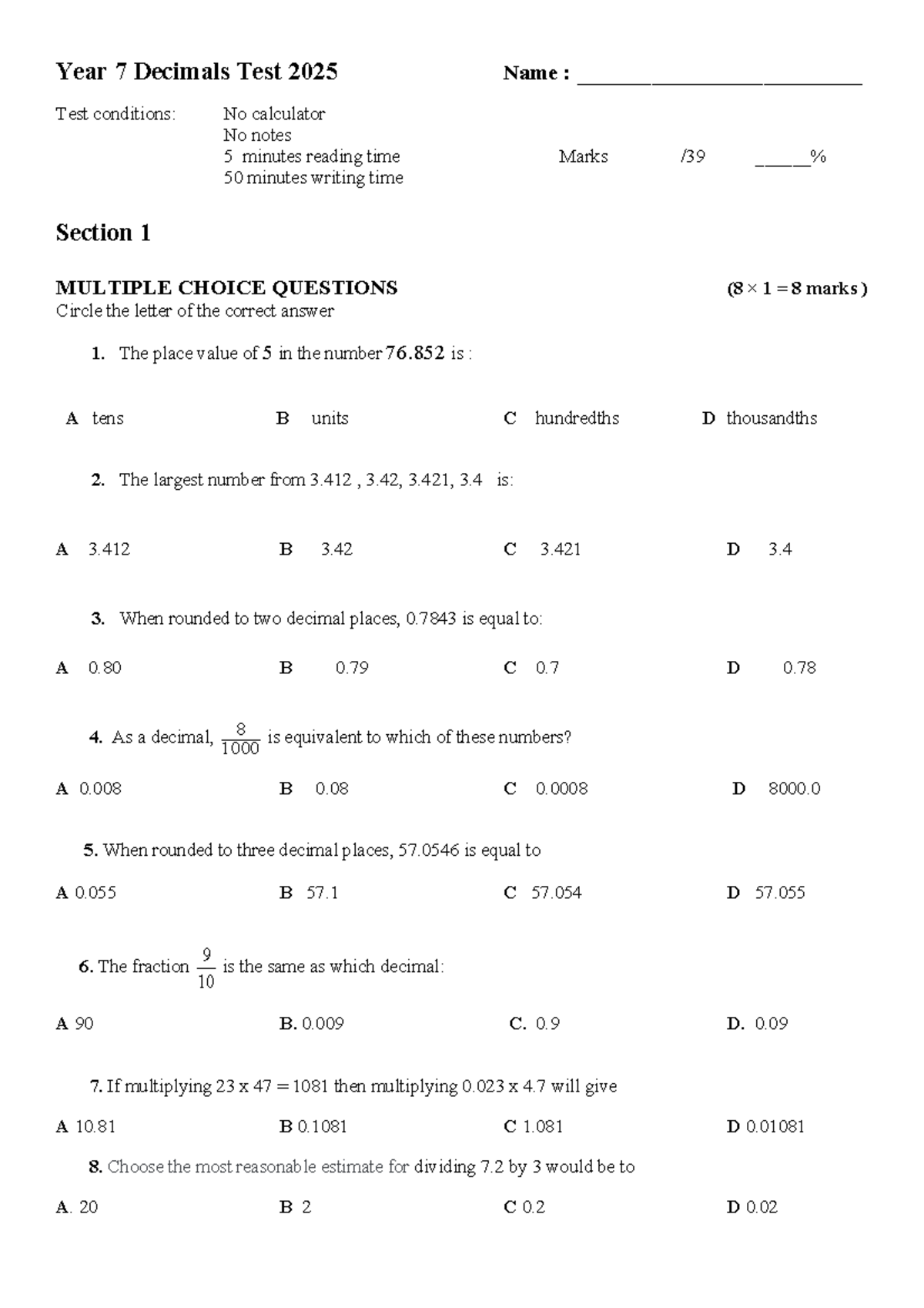 Year 7 2025 Decimals Test: MCQs & Short Answer Questions - Studocu