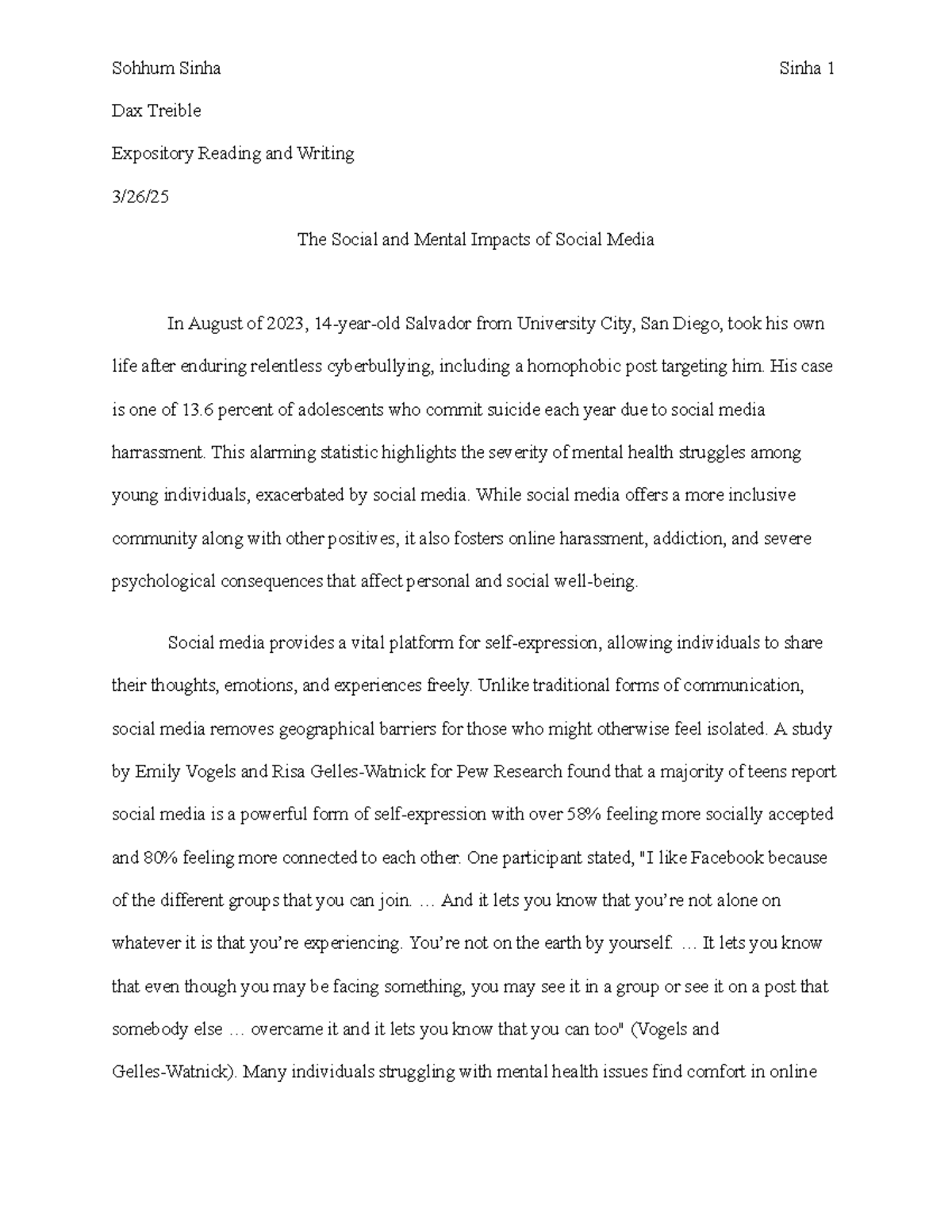 ENG 101 Research Paper: The Social and Mental Impacts of Social Media ...