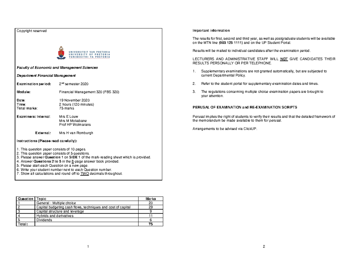 Financial Management 320 (FBS 320) Exam Practice Paper 2020 - Studocu