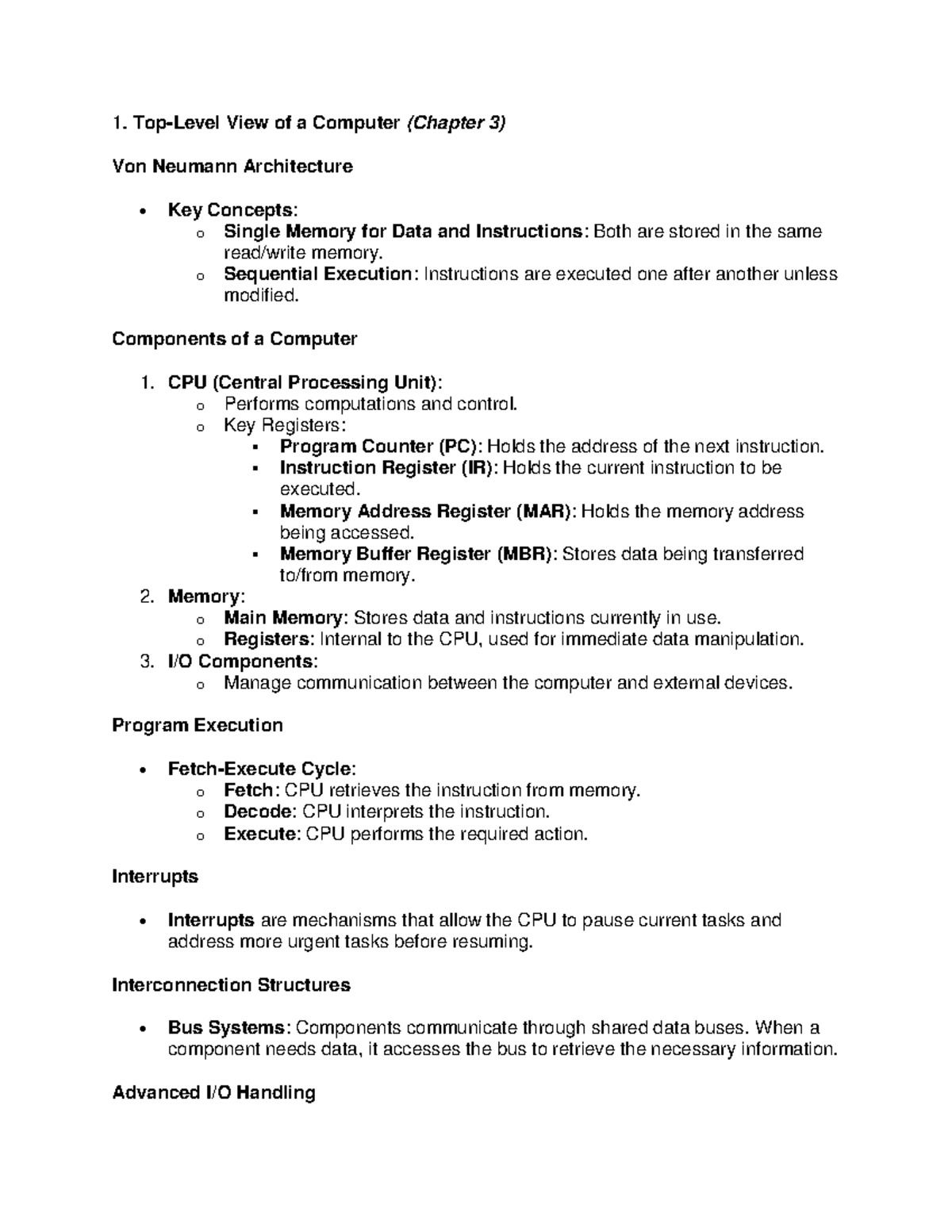 3-5 com arch - nmnmnm - Top-Level View of a Computer (Chapter 3) Von Neumann Architecture Key ...
