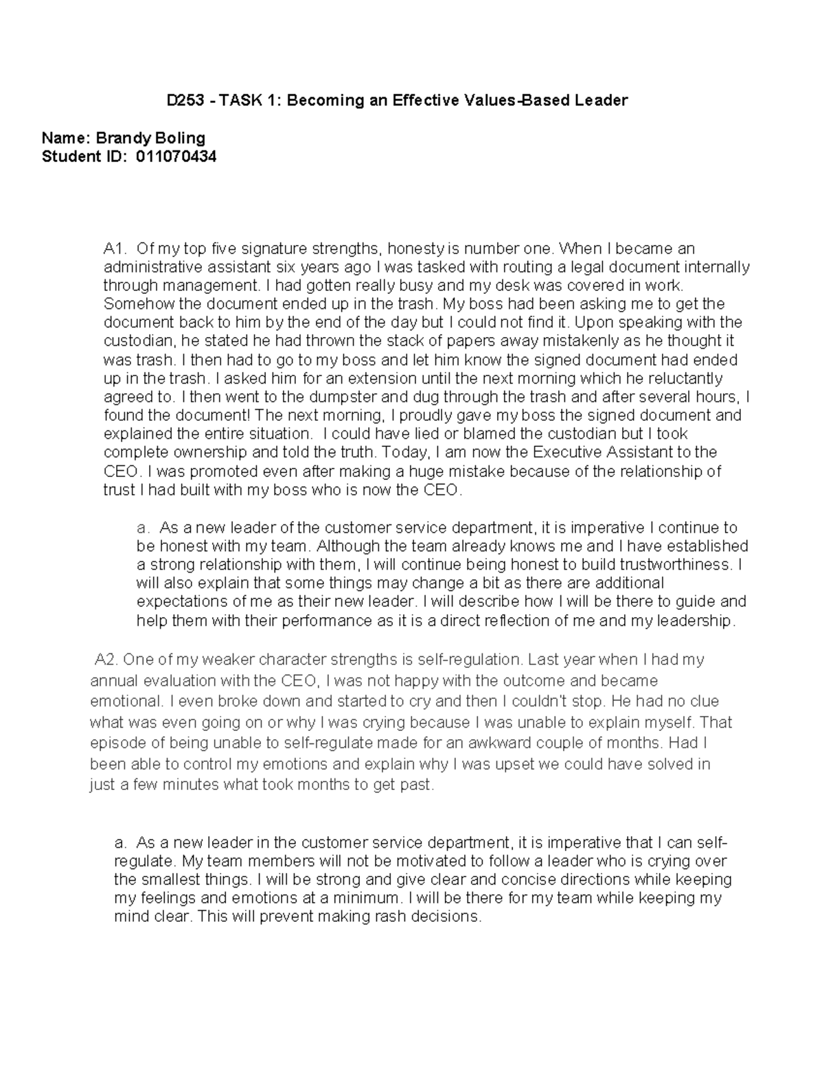 D253 Task 1: Values-Based Leadership and Self-Regulation Strategies ...