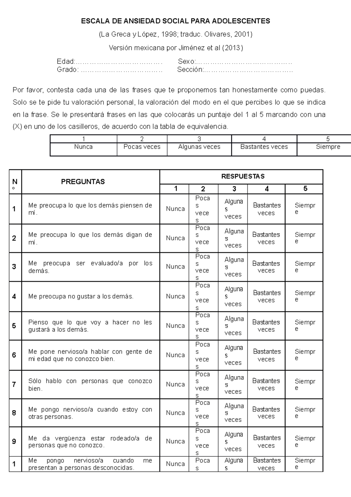 Escala SAS - Medición de la Ansiedad Social en Adolescentes - Studocu