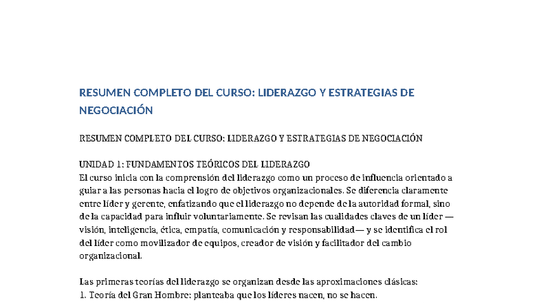 Resumen del Curso: Liderazgo y Estrategias de Negociación - Studocu