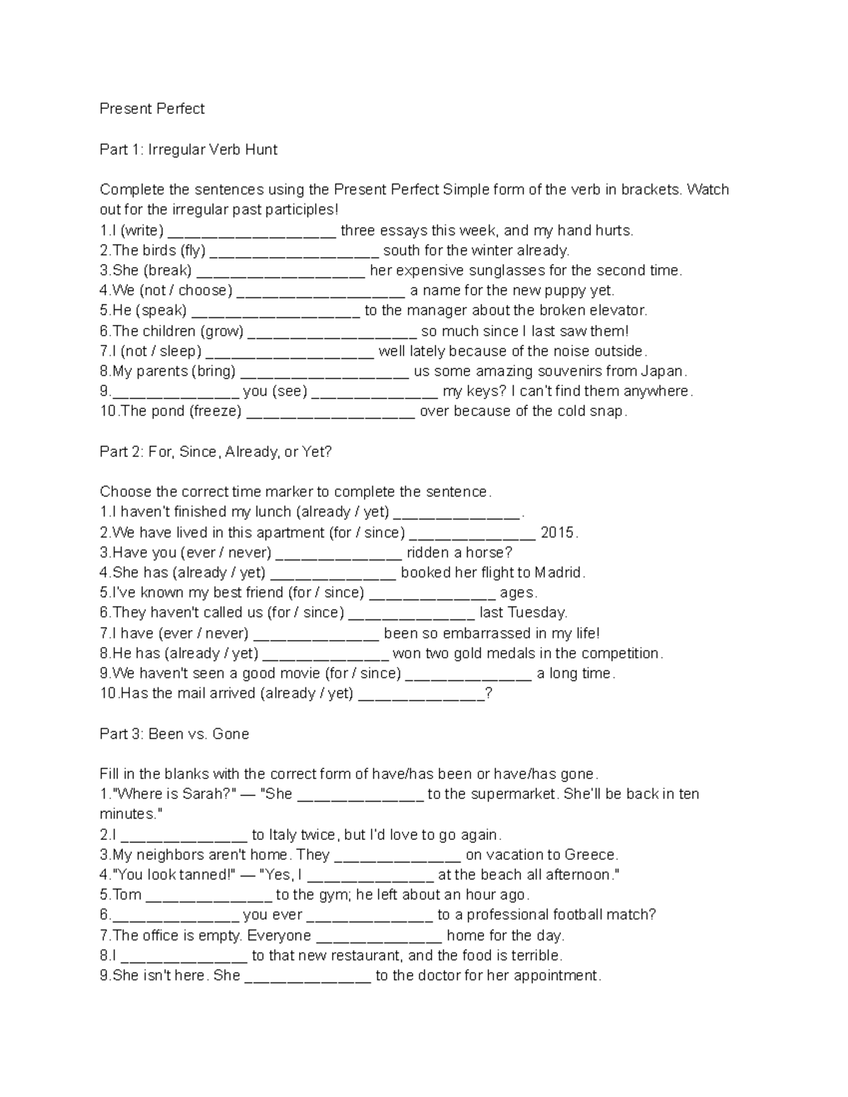Present Perfect for KET: Irregular Verbs & Time Markers - Studocu