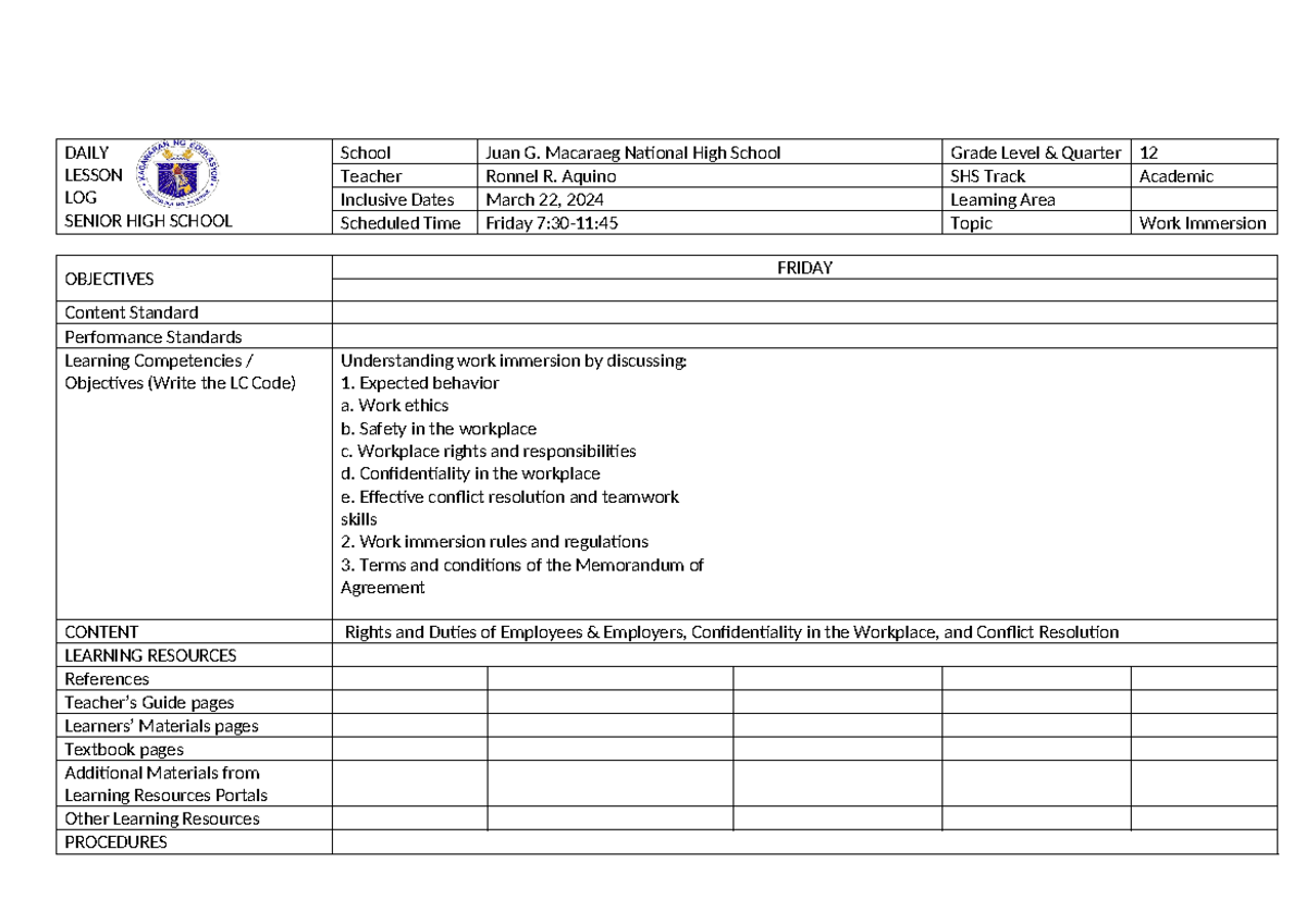 SHS Work Immersion Daily Lesson Log (DLL) - Grade 12 - Studocu