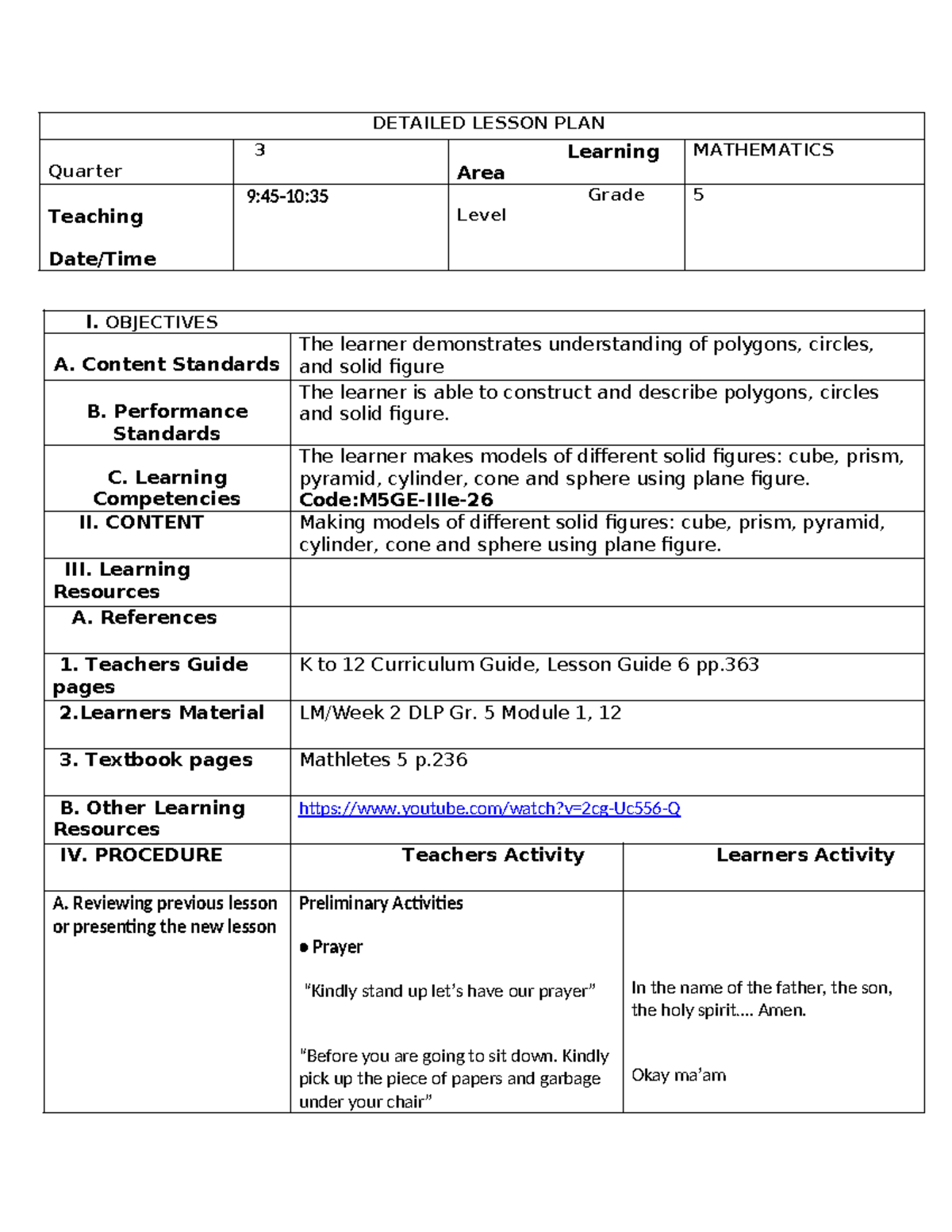 DLP M5GE-IIIe: Lesson Plan on Solid Figures in Mathematics - Studocu