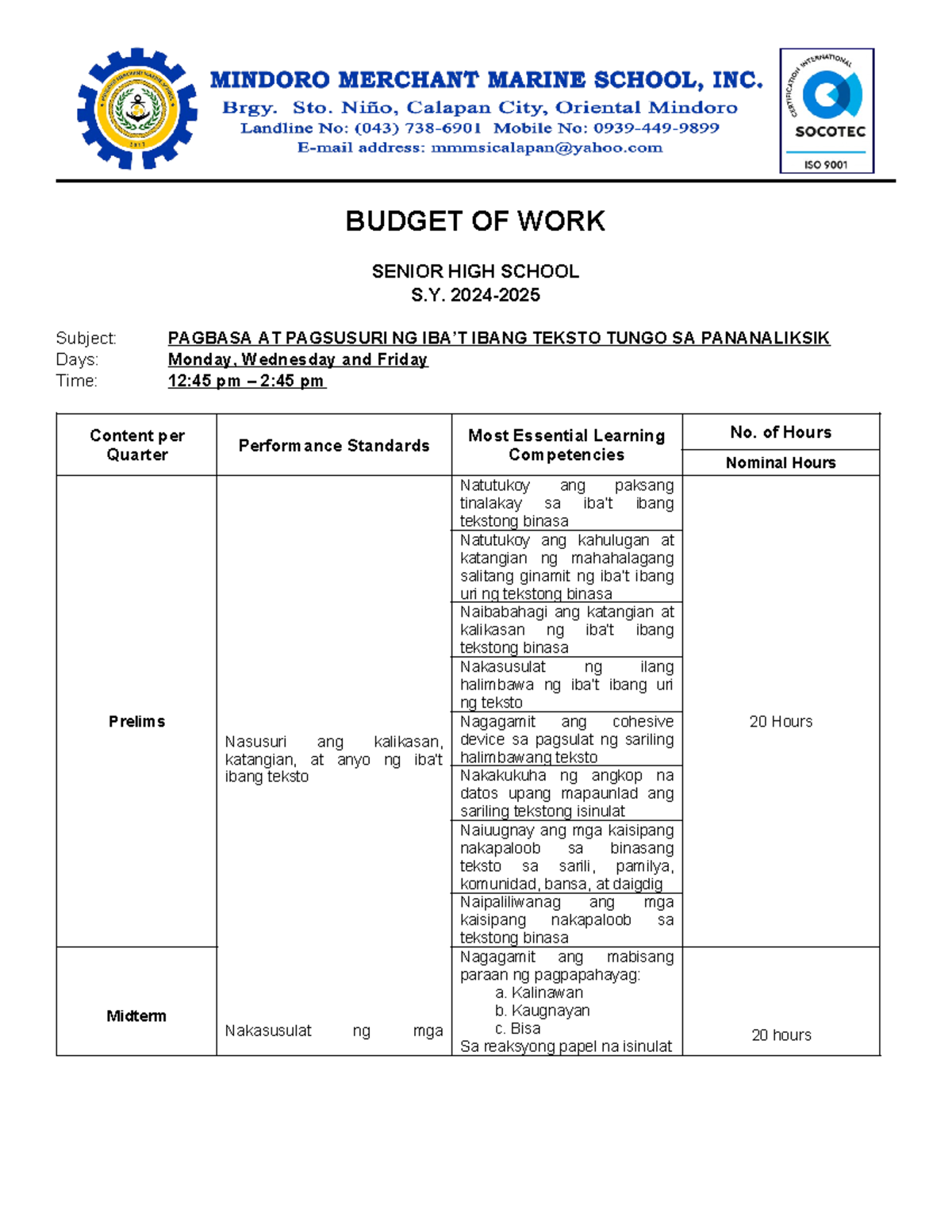 Budget OF WORK (Fil2) core subject - BUDGET OF WORK SENIOR HIGH SCHOOL ...