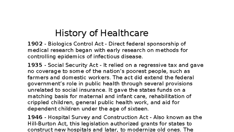 History of Healthcare - CLASS NOTES (1902-1986) - Studocu