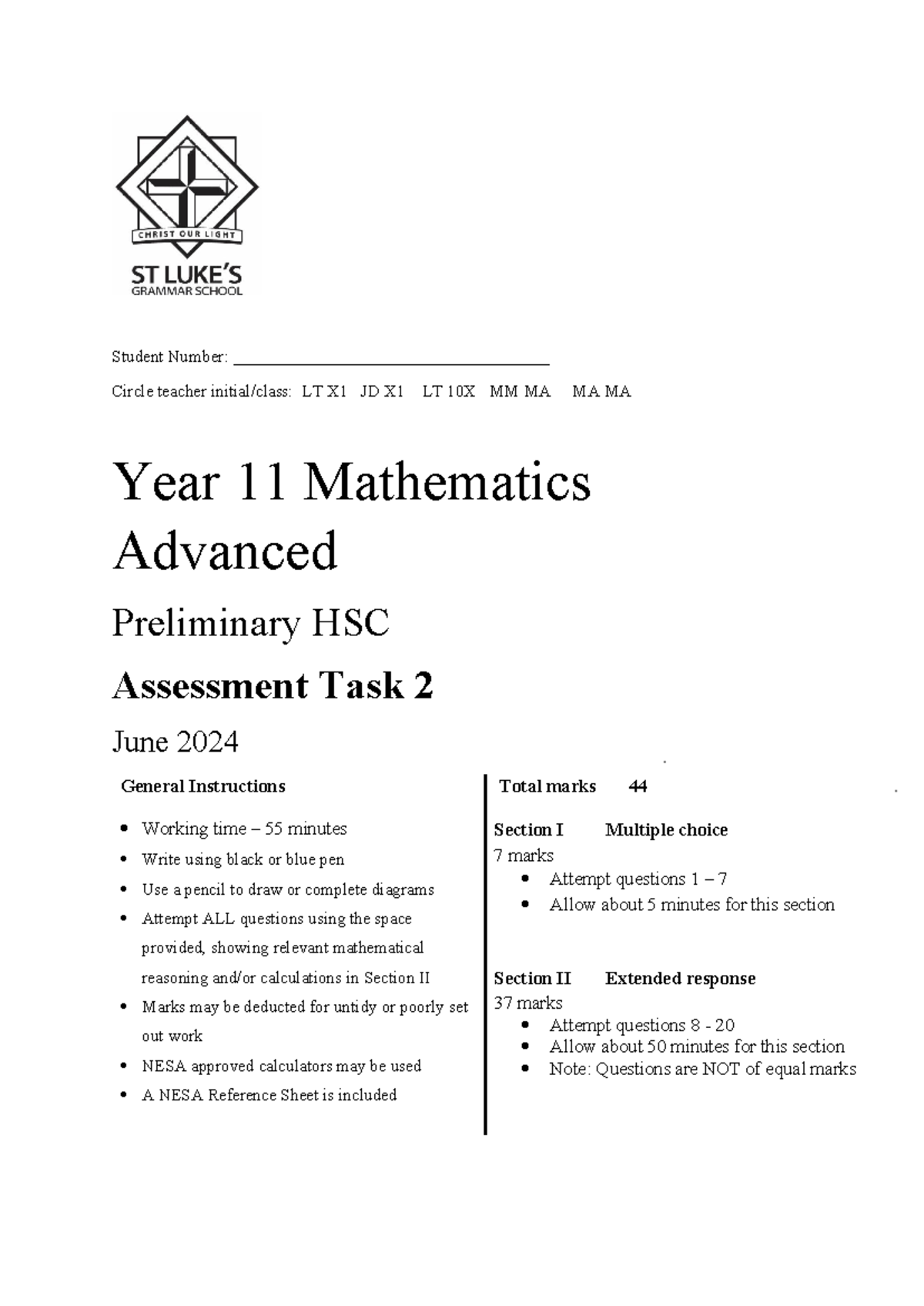 2024 11MA Task 2 - HSC Assessment Practice for Year 11 Maths - Studocu