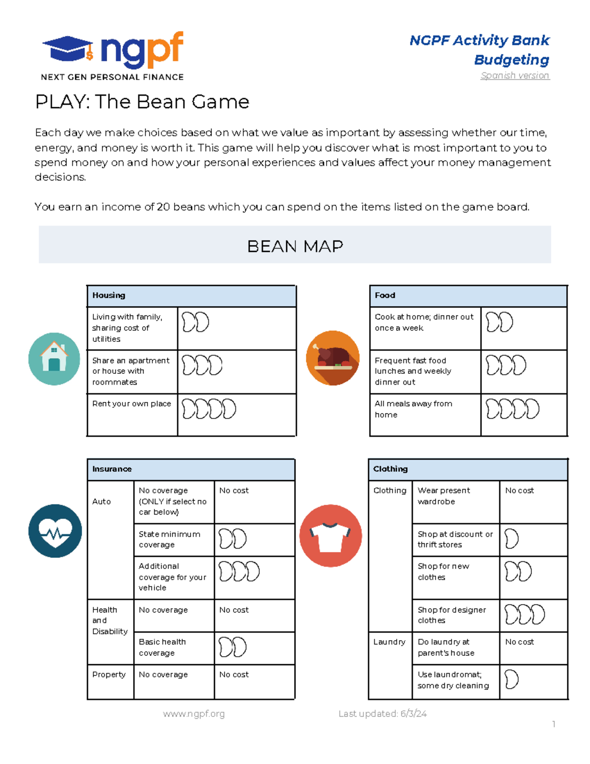 PLAY: The Bean Game - Budgeting Worksheet (NGPF Activity) - Studocu