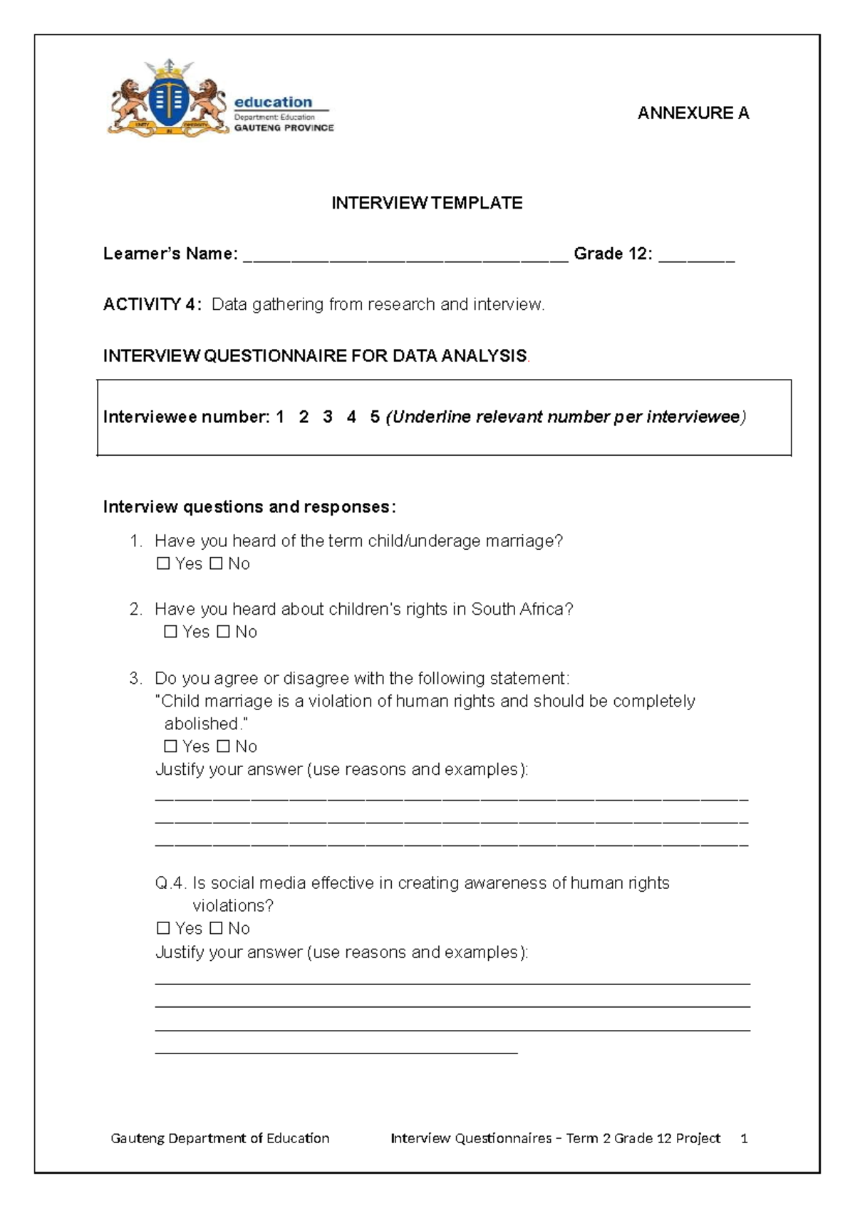 Grade 12 LO Term 2 Project: Interview Template & Data Analysis - Studocu