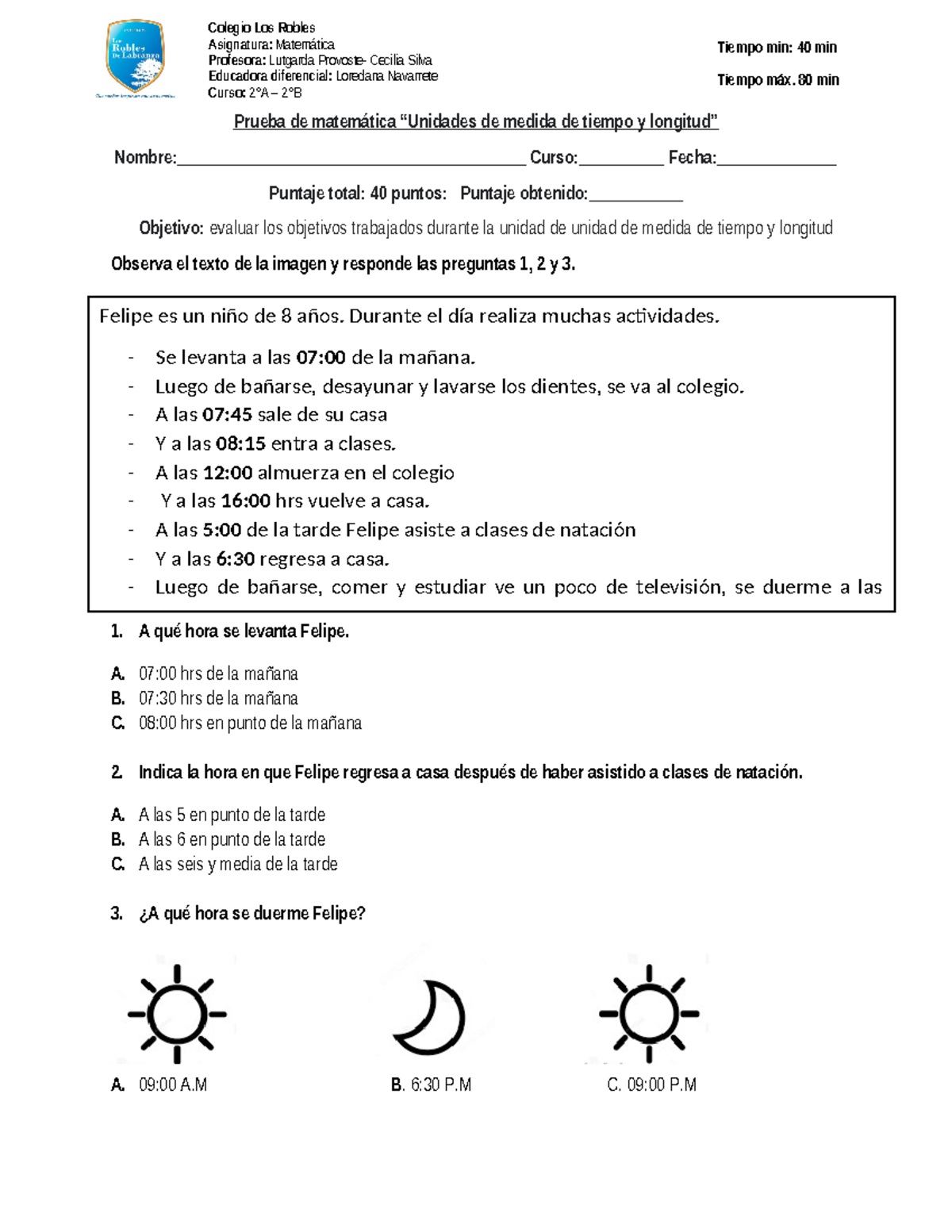Prueba de Matemática 2°A - Unidades de Medida: Tiempo y Longitud - Studocu