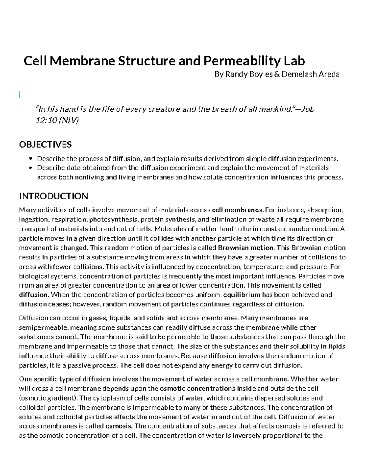 Cell Membrane Structure & Permeability Lab Manual (BIO182L) - Studocu