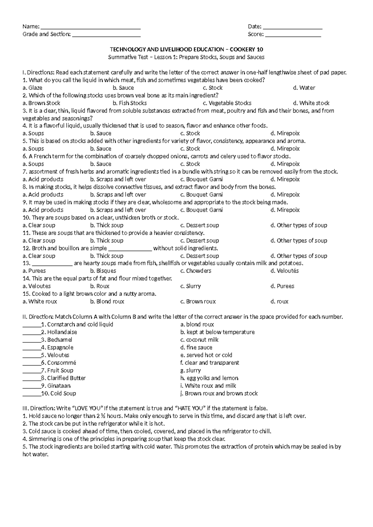 TECHNOLOGY AND LIVELIHOOD EDUCATION COOKERY 10 Summative Test: Stocks ...