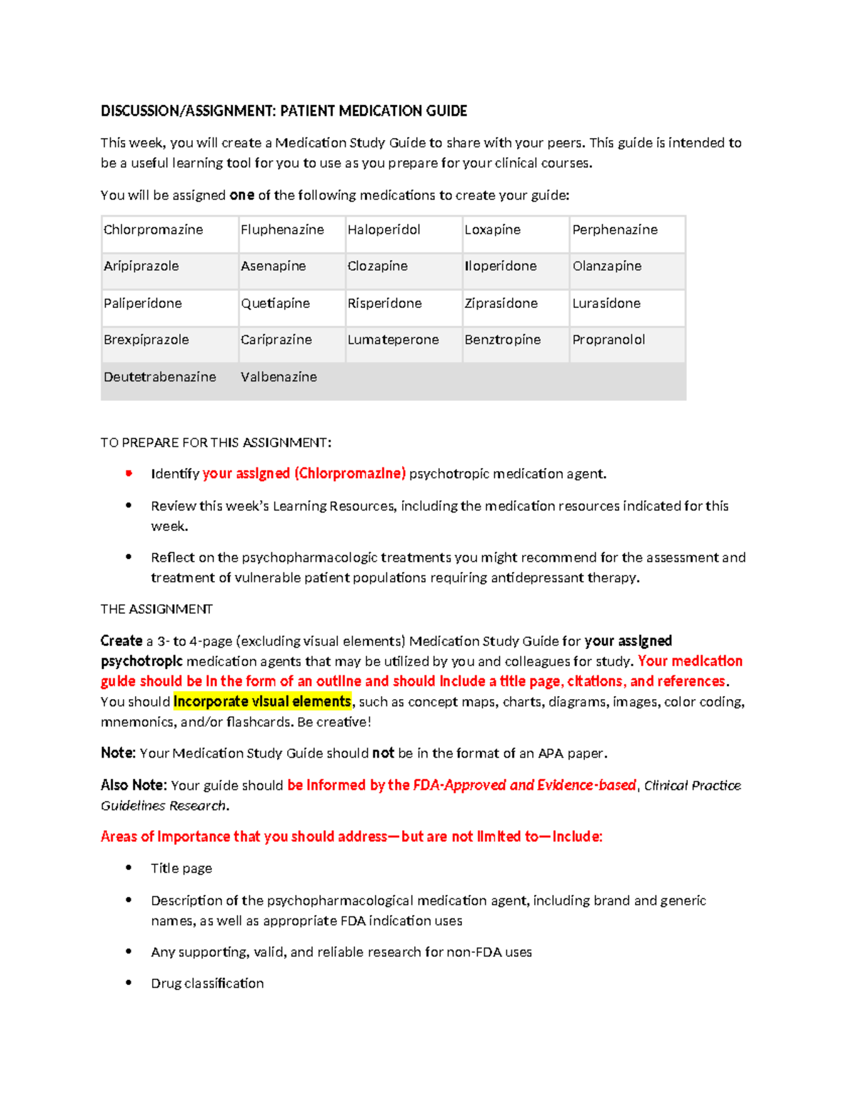 Nurs 6630N Assignment: Week 7 Medication Study Guide on Chlorpromazine ...
