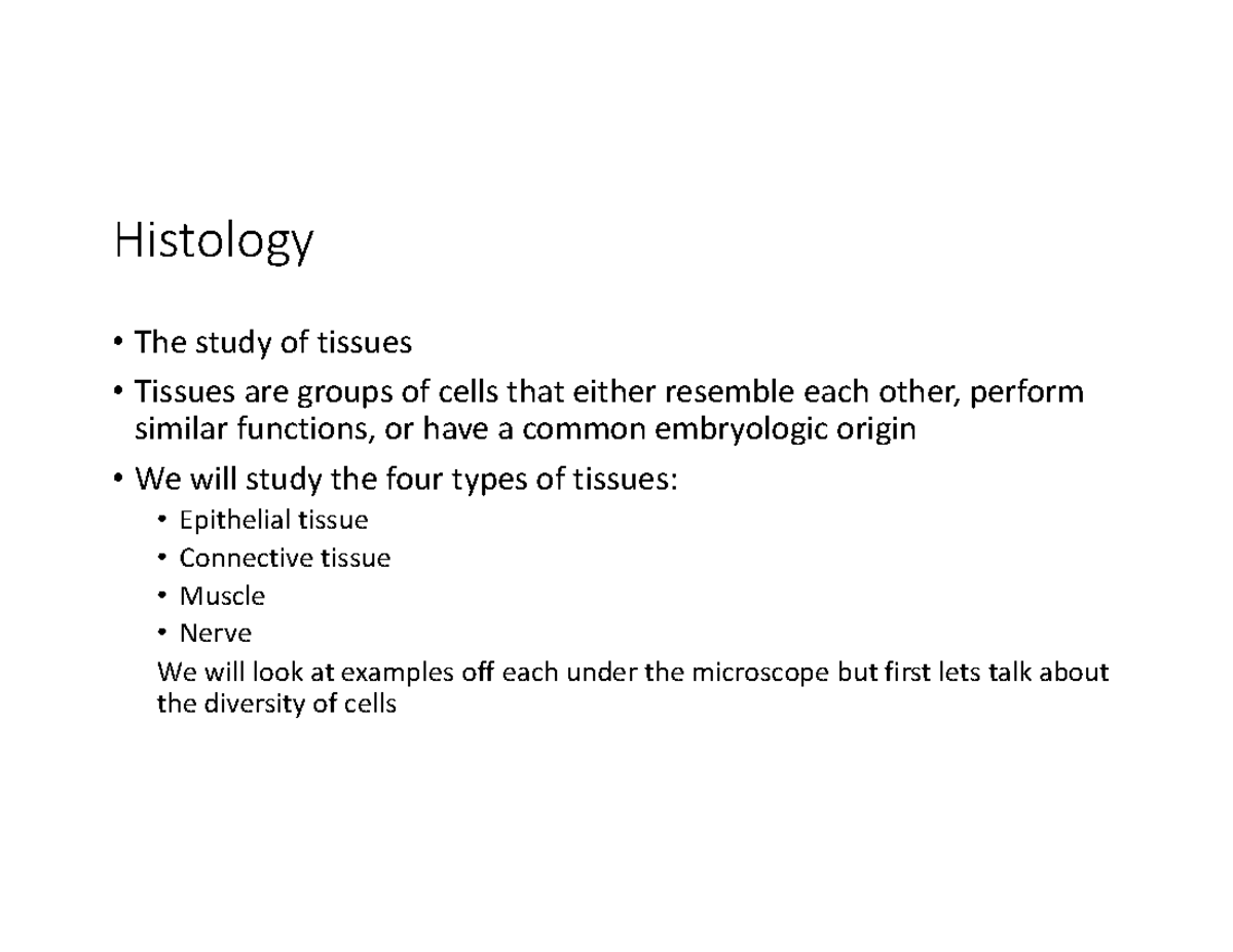 Histology 101: Overview of Tissue Types and Structures - Studocu
