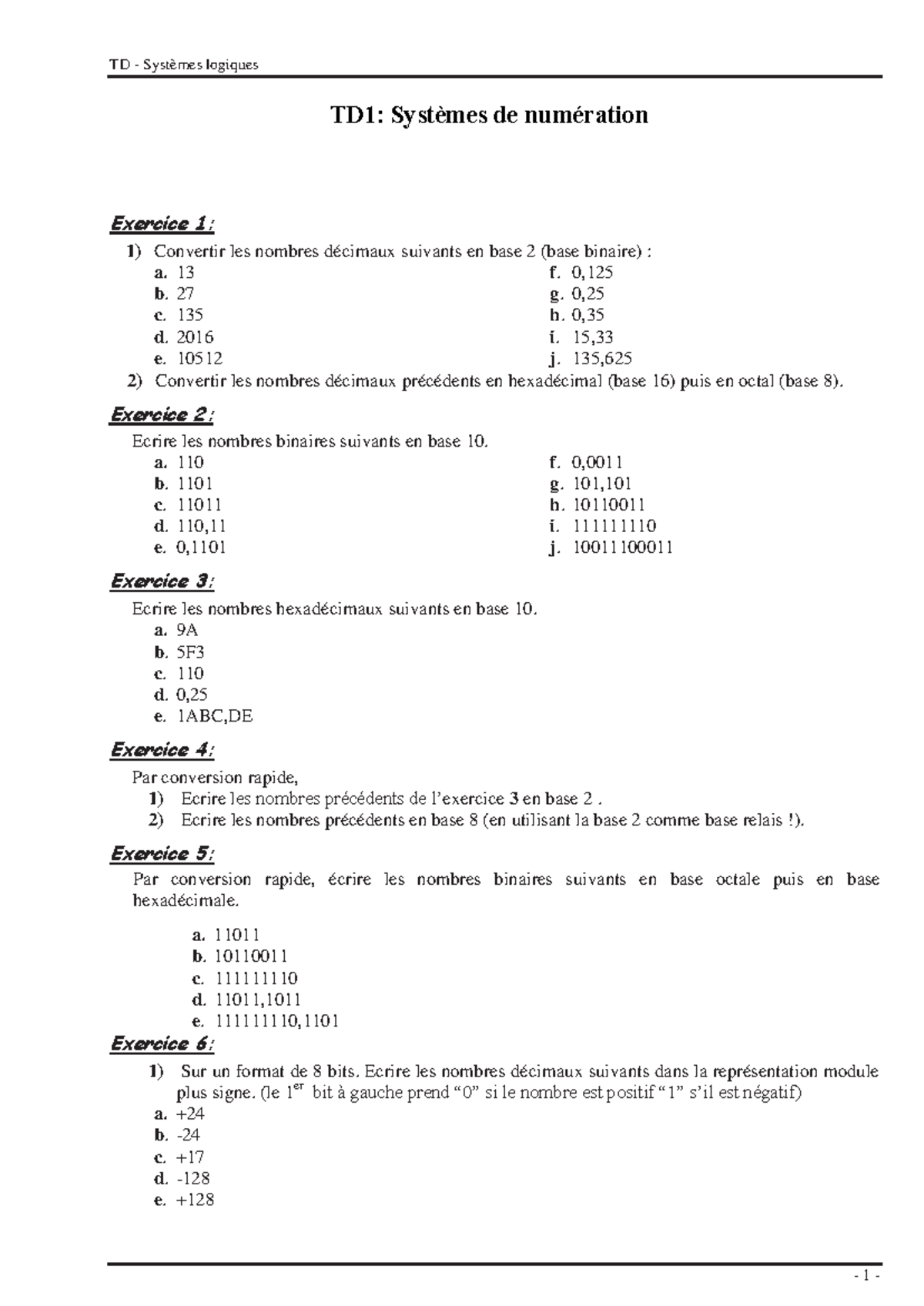 TD Systèmes logiques TD1: Exercice sur les Systèmes de numération - Studocu