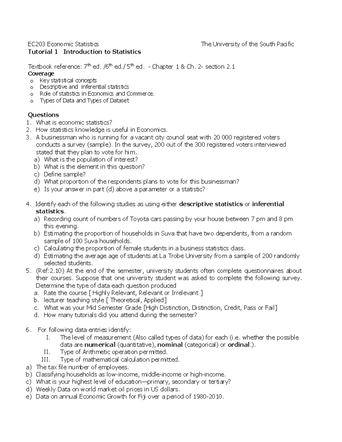 Tutorial 1 Task - EC203 Economic Statistics The University of the South ...
