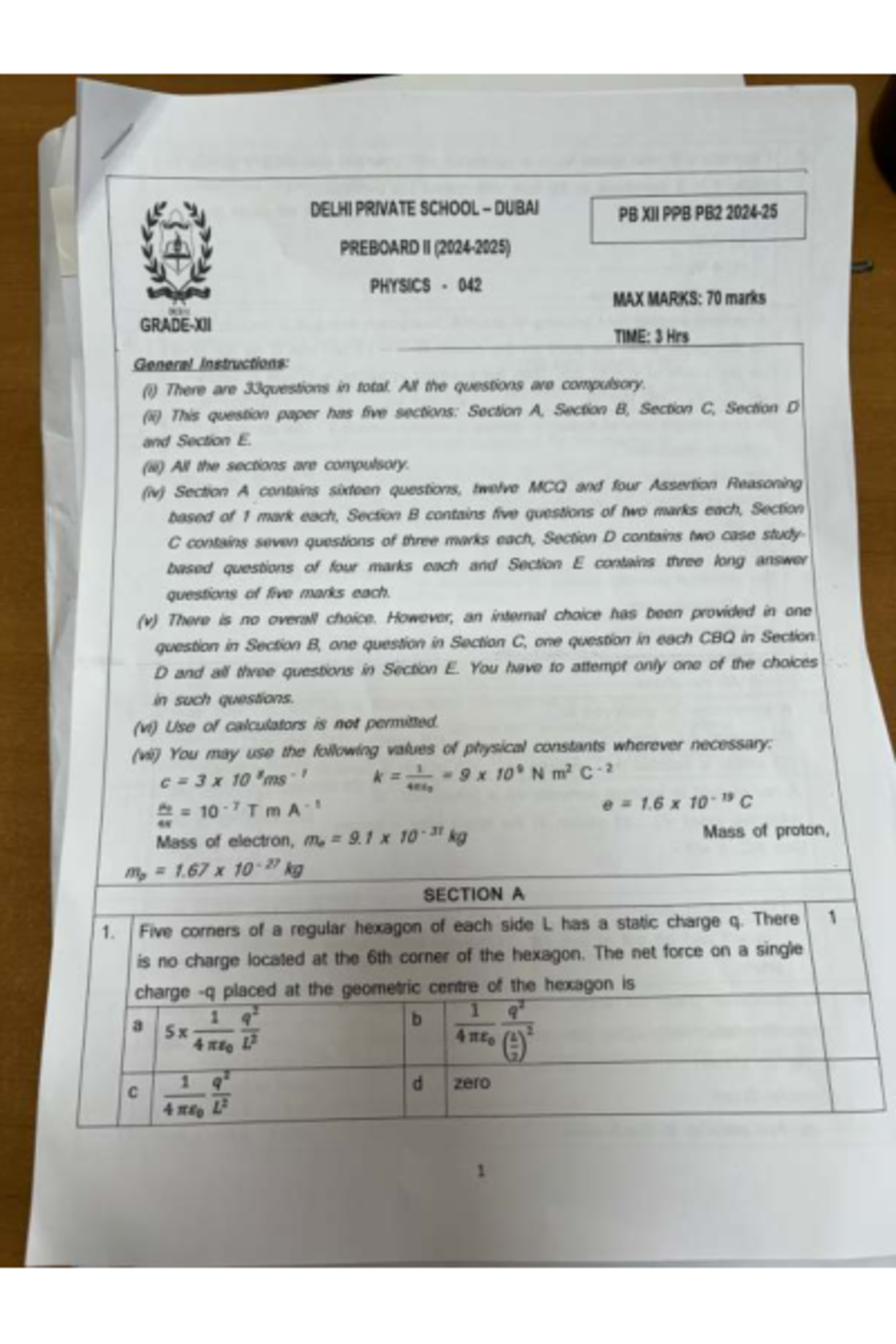 Delhi Private School Dubai PB XII Preboard II Physics Exam Paper 042 ...