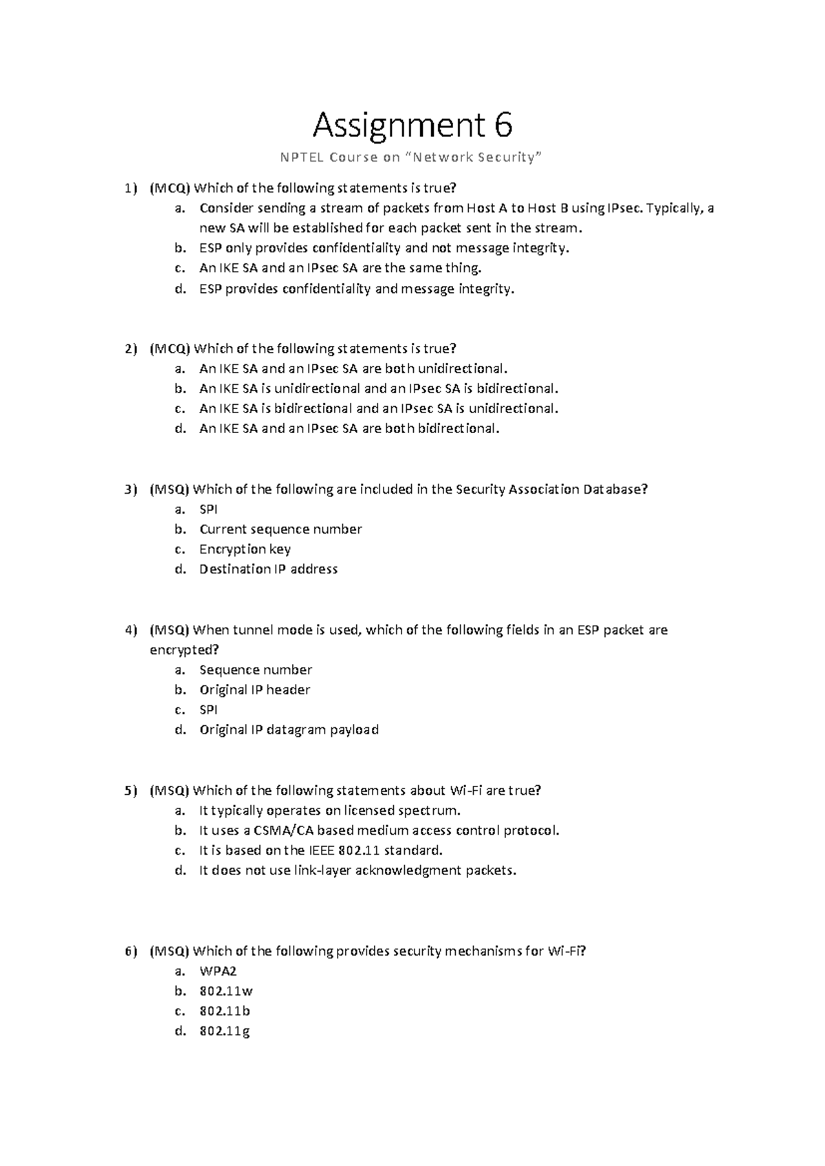 Assignment 6: MCQs on IPsec and Security Associations - Studocu