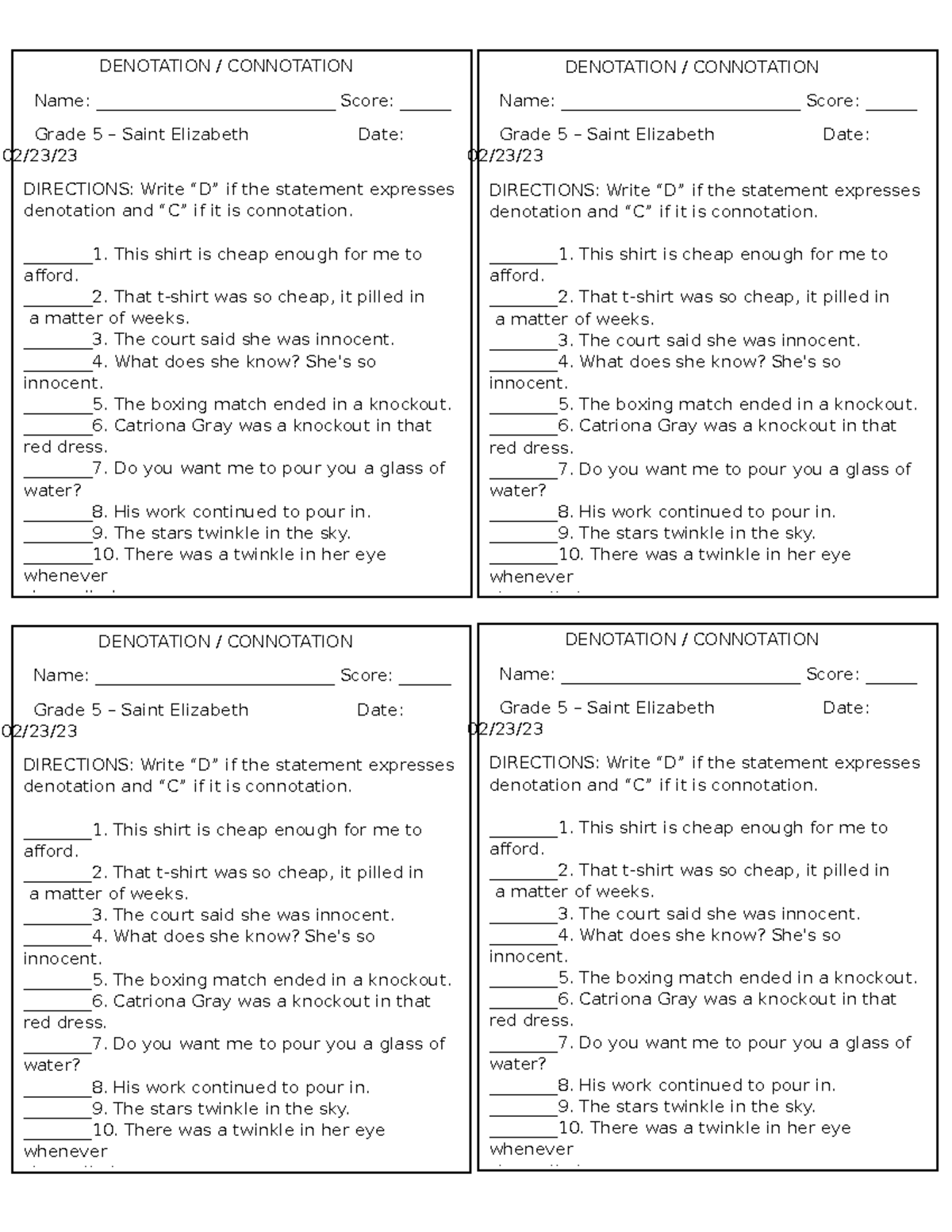 Grade 5 - Denotation and Connotation Practice Exercise - Studocu